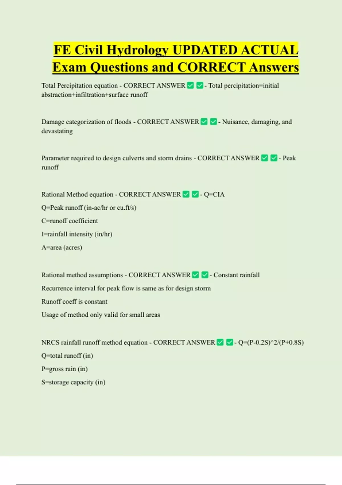 FE Civil Hydrology UPDATED ACTUAL Exam Questions and CORRECT Answers ...