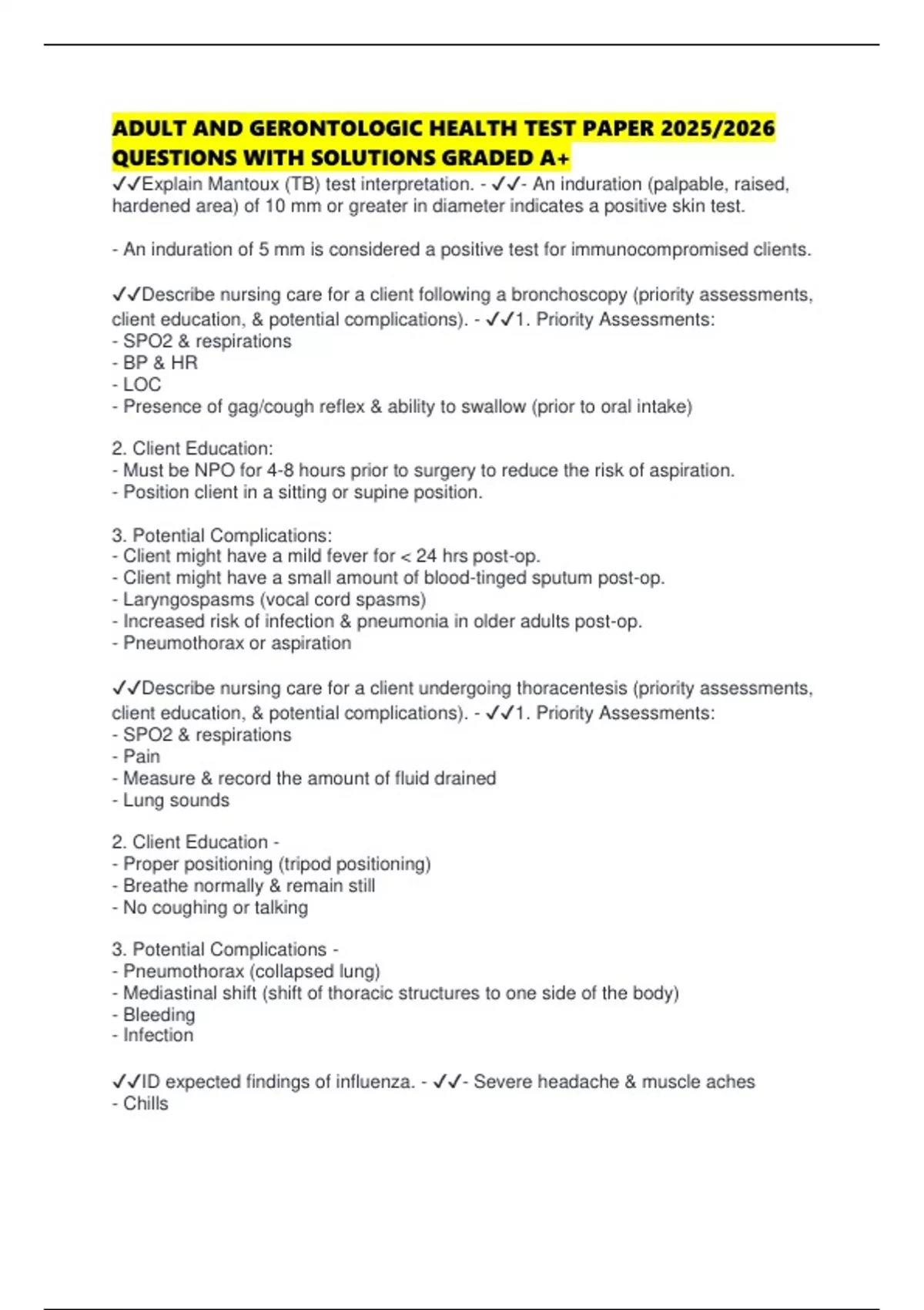 ADULT AND GERONTOLOGIC HEALTH TEST PAPER 2025/2026 QUESTIONS WITH ...