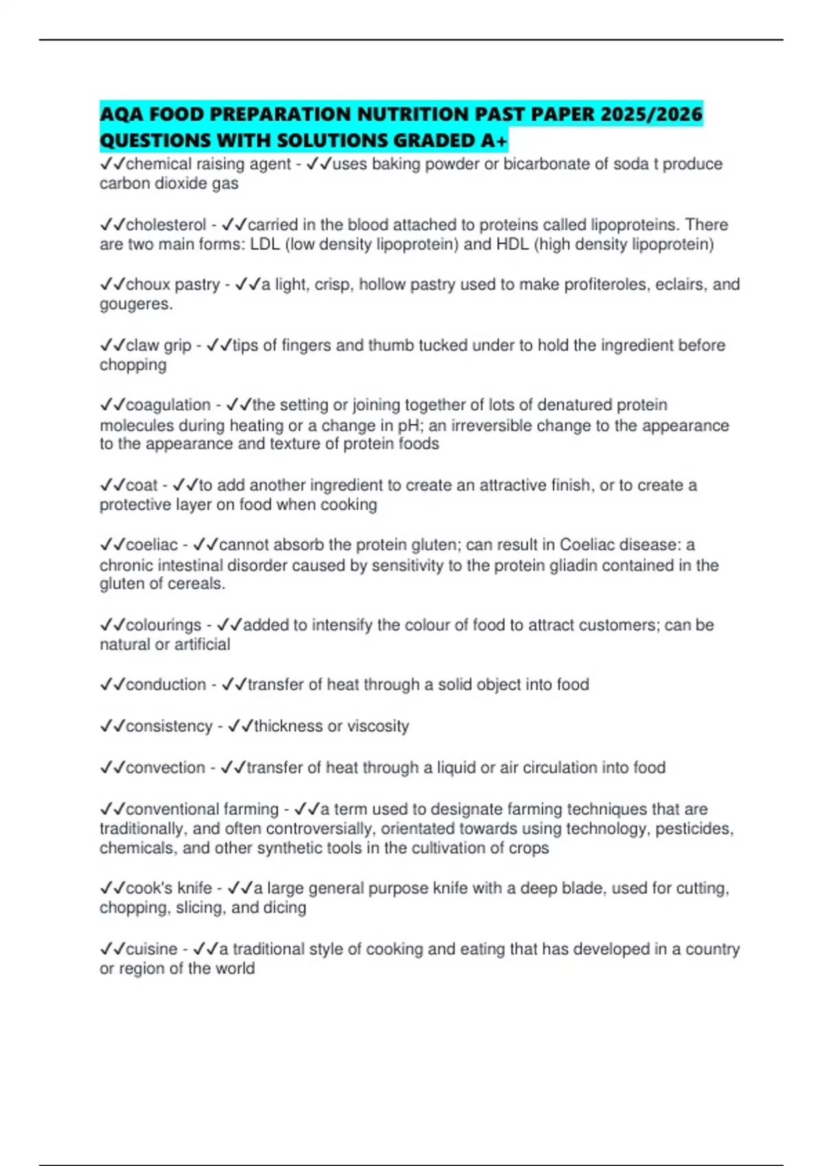 AQA FOOD PREPARATION NUTRITION PAST PAPER 2025/2026 QUESTIONS WITH ...