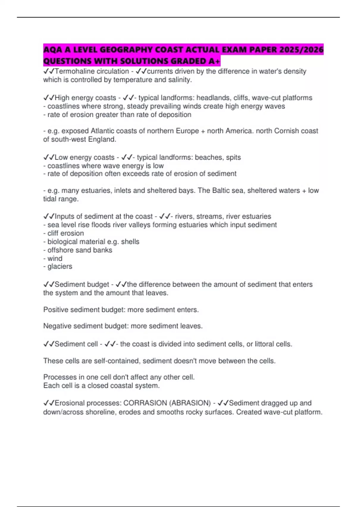 AQA A LEVEL GEOGRAPHY COAST ACTUAL EXAM PAPER 2025/2026 QUESTIONS WITH ...