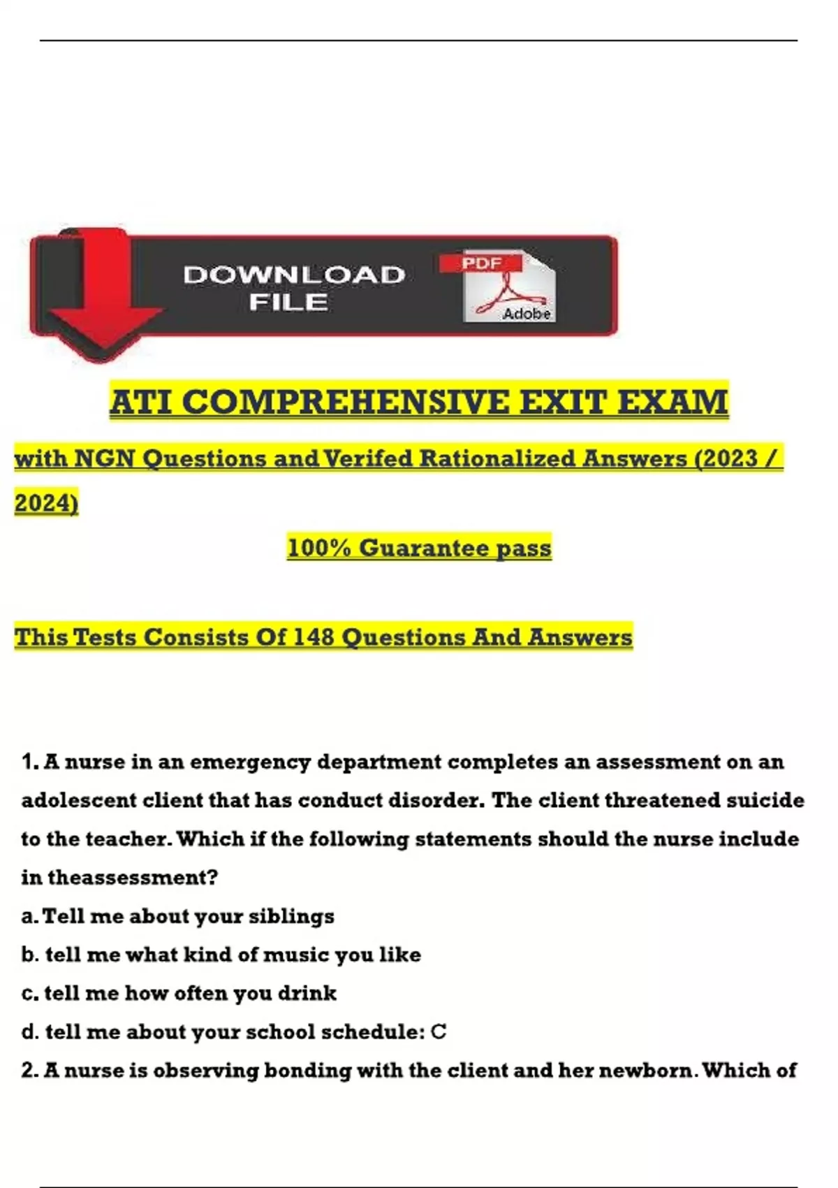 ATI COMPREHENSIVE EXIT EXAM with NGN Questions and Verifed Rationalized Answers (2023 / 2024 ...