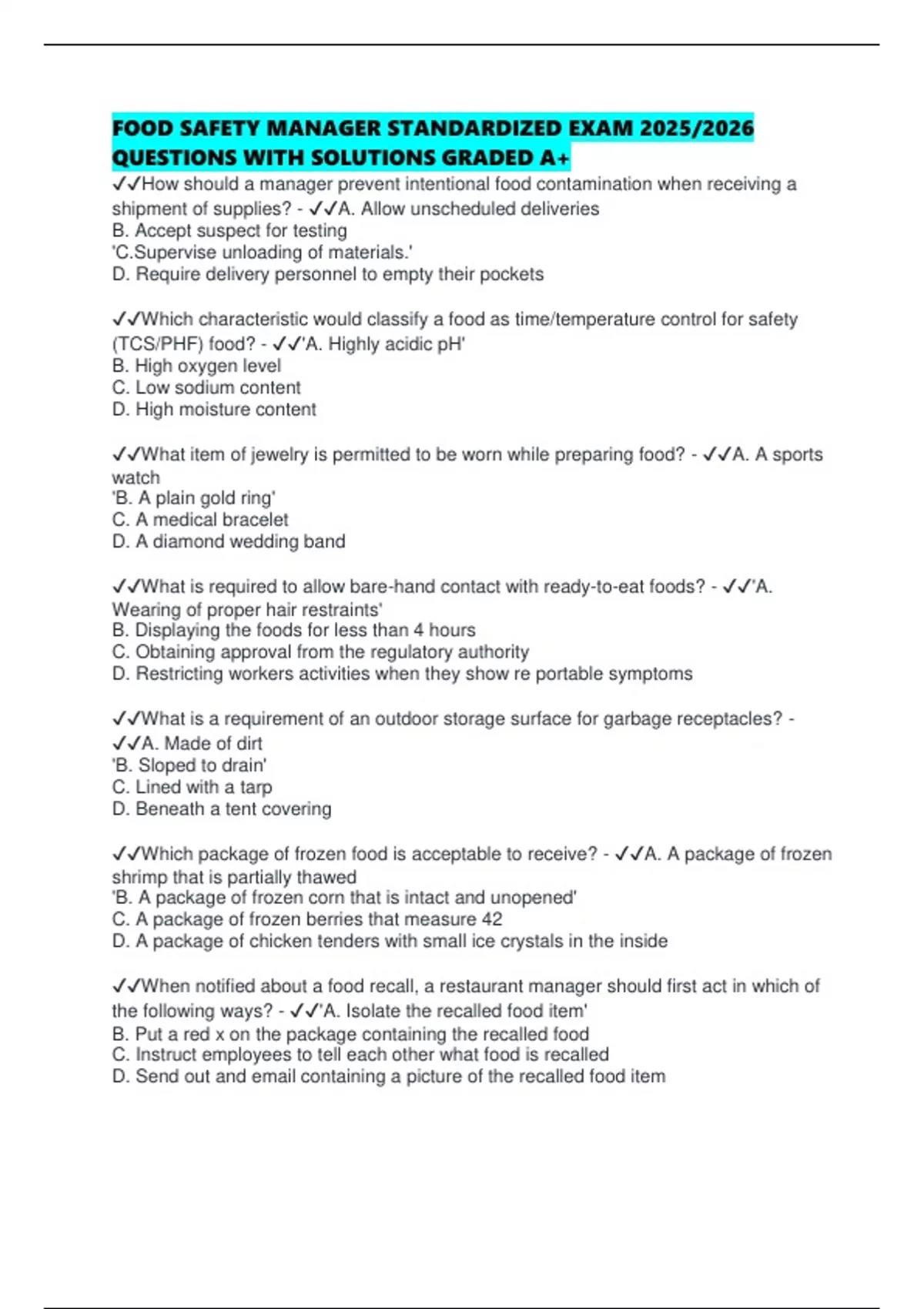 FOOD SAFETY TRAINING SERIES PAPERS 2025/2026 QUESTIONS WITH SOLUTIONS ...
