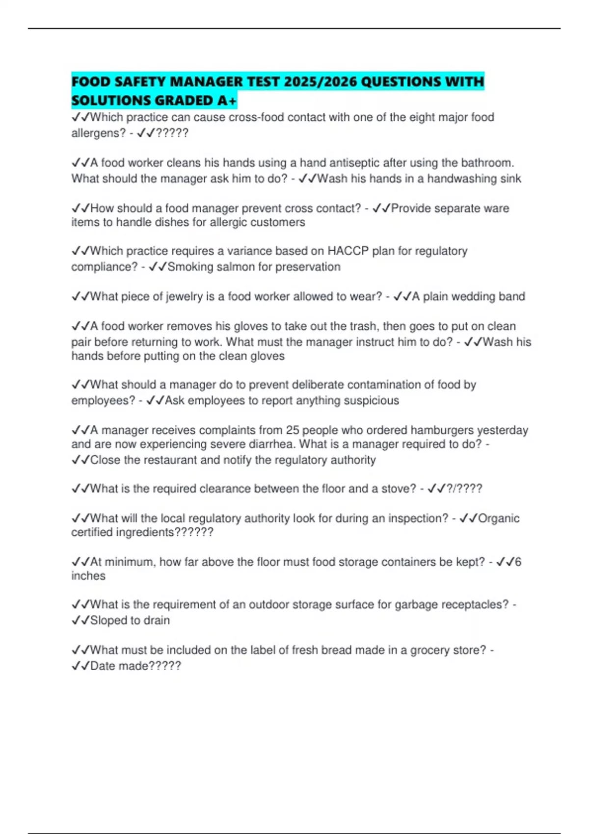 FOOD SAFETY MANAGER TEST 2025/2026 QUESTIONS WITH SOLUTIONS GRADED A+ ...