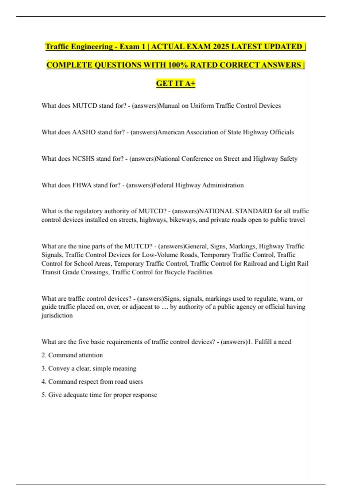Traffic Engineering Exam 1 Actual Exam 2025 Latest Updated