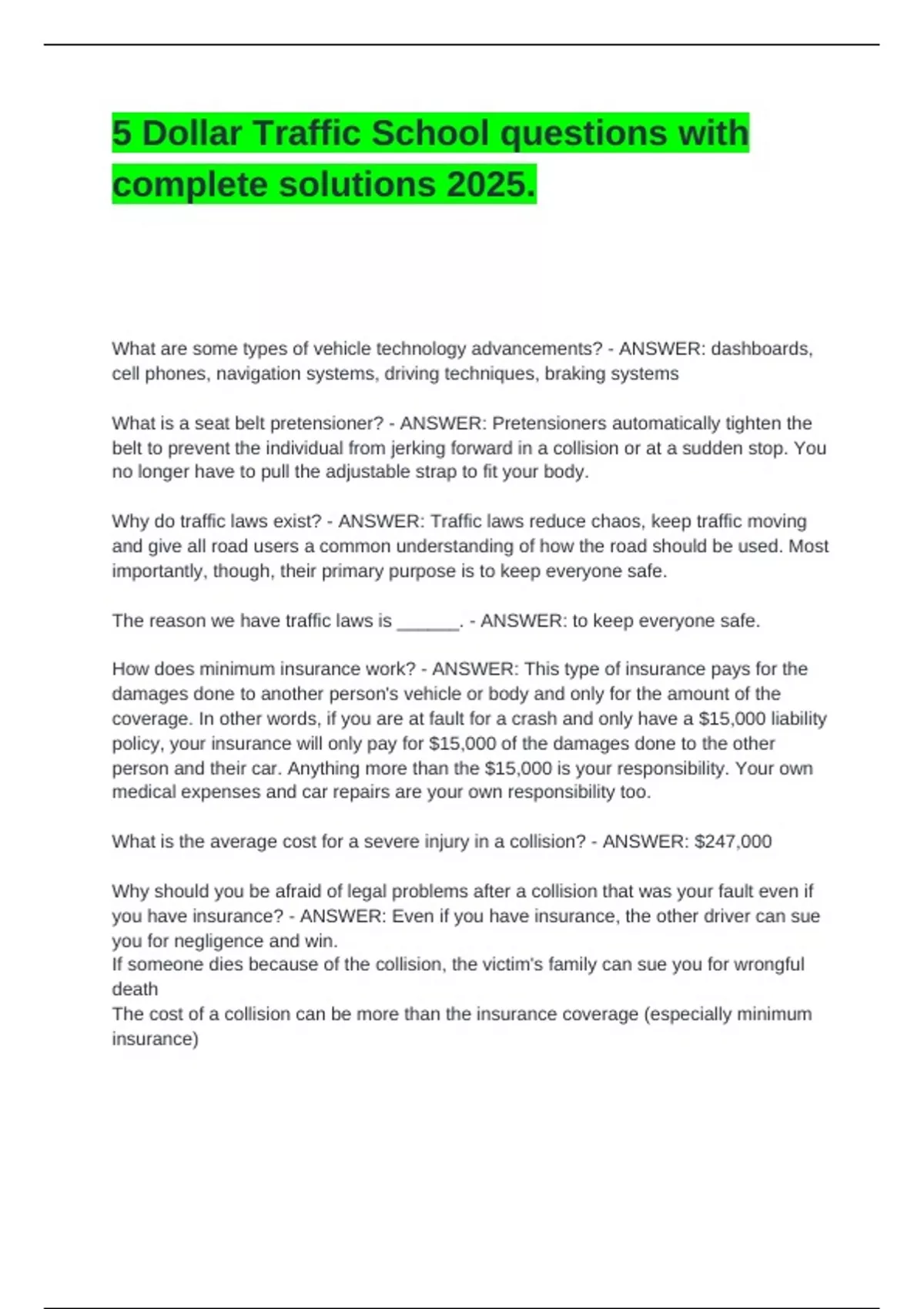 5 Dollar Traffic School questions with complete solutions 2025. - 5 ...