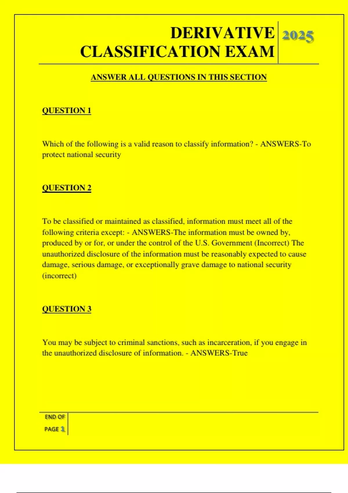 Derivative Classification Exam Questions And Answers 2025 Derivative Classification Stuvia Us