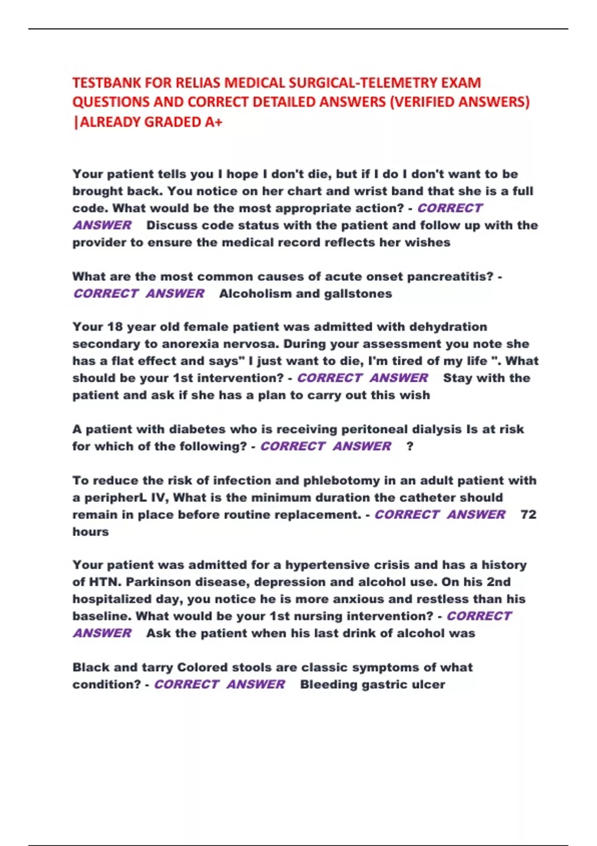 TESTBANK FOR RELIAS MEDICAL SURGICAL-TELEMETRY EXAM QUESTIONS AND ...