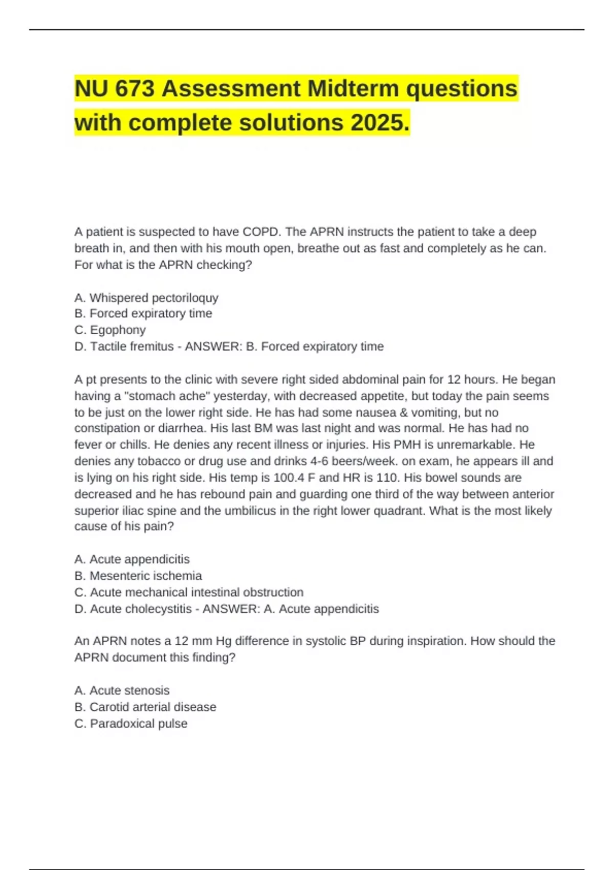 NU 673 Assessment Midterm questions with complete solutions 2025 - NU ...