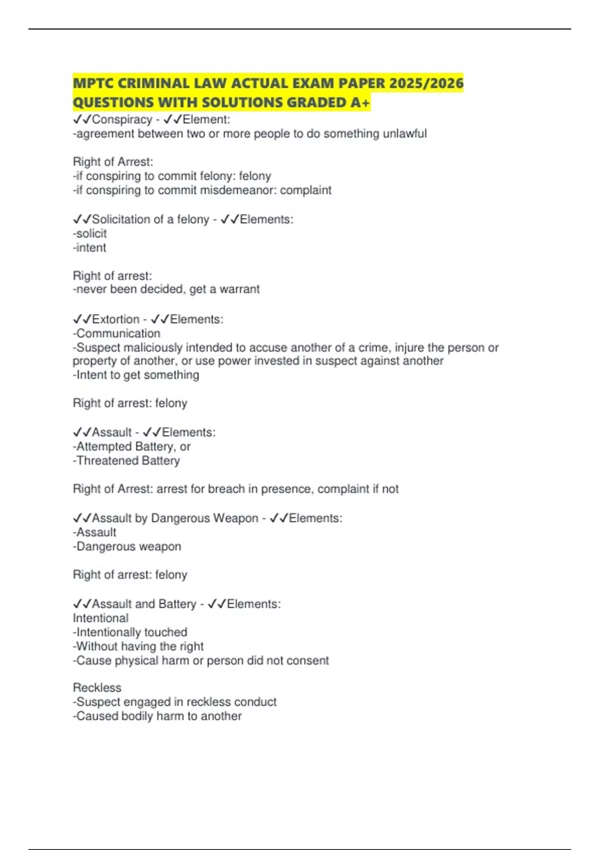 MPTC CRIMINAL LAW ACTUAL EXAM PAPER 2025/2026 QUESTIONS WITH SOLUTIONS ...
