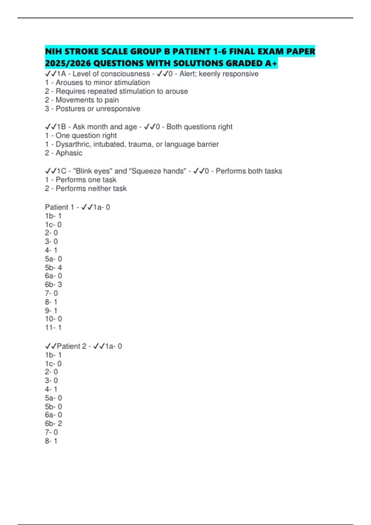 NIH STROKE SCALE GROUP B PATIENT 1-6 FINAL EXAM PAPER 2025/2026 ...