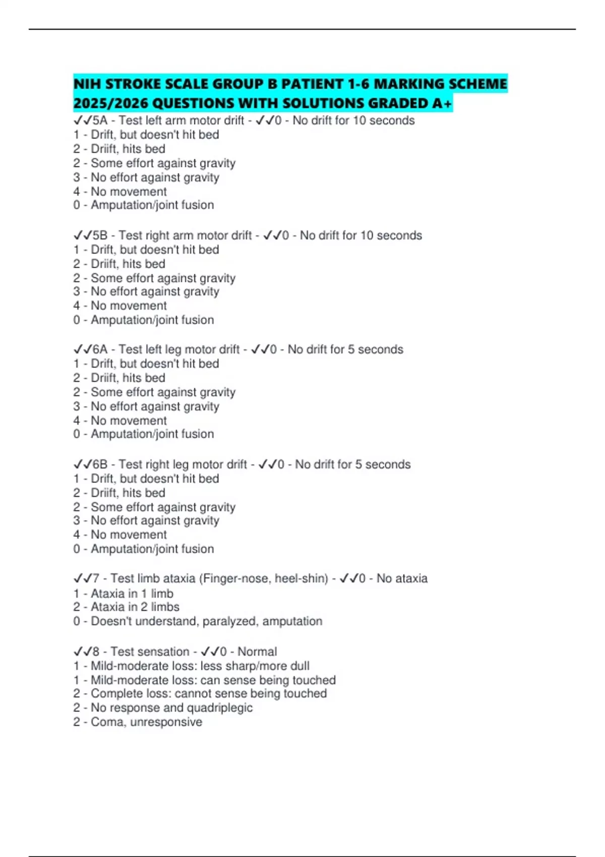NIH STROKE SCALE GROUP B PATIENT 1-6 MARKING SCHEME 2025/2026 QUESTIONS ...