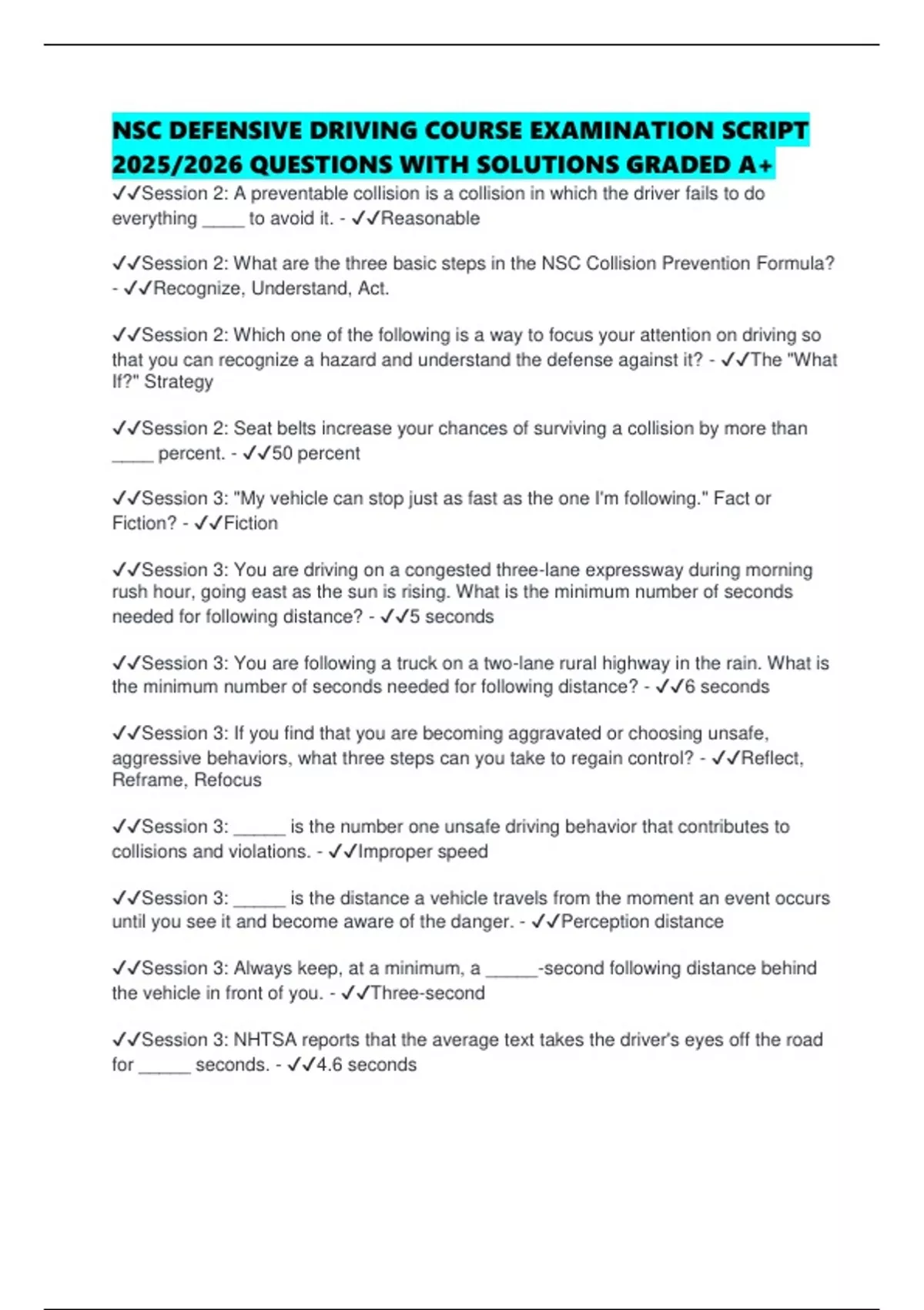 NSC DEFENSIVE DRIVING COURSE EXAMINATION SCRIPT 2025/2026 QUESTIONS ...