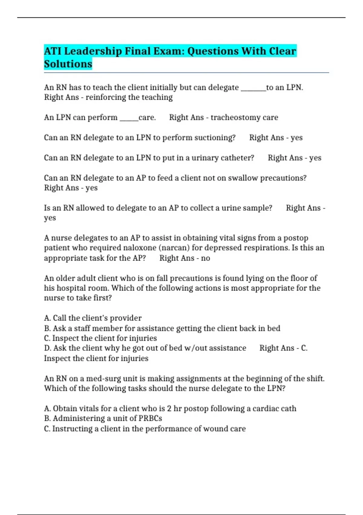 ATI Leadership Final Exam: Questions With Clear Solutions - NURSING ...
