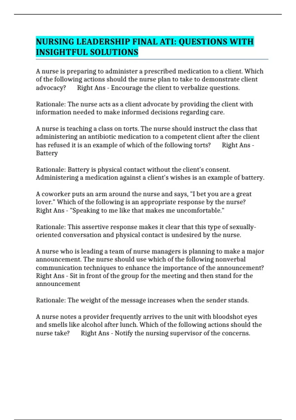 NURSING LEADERSHIP FINAL ATI: QUESTIONS WITH INSIGHTFUL SOLUTIONS ...