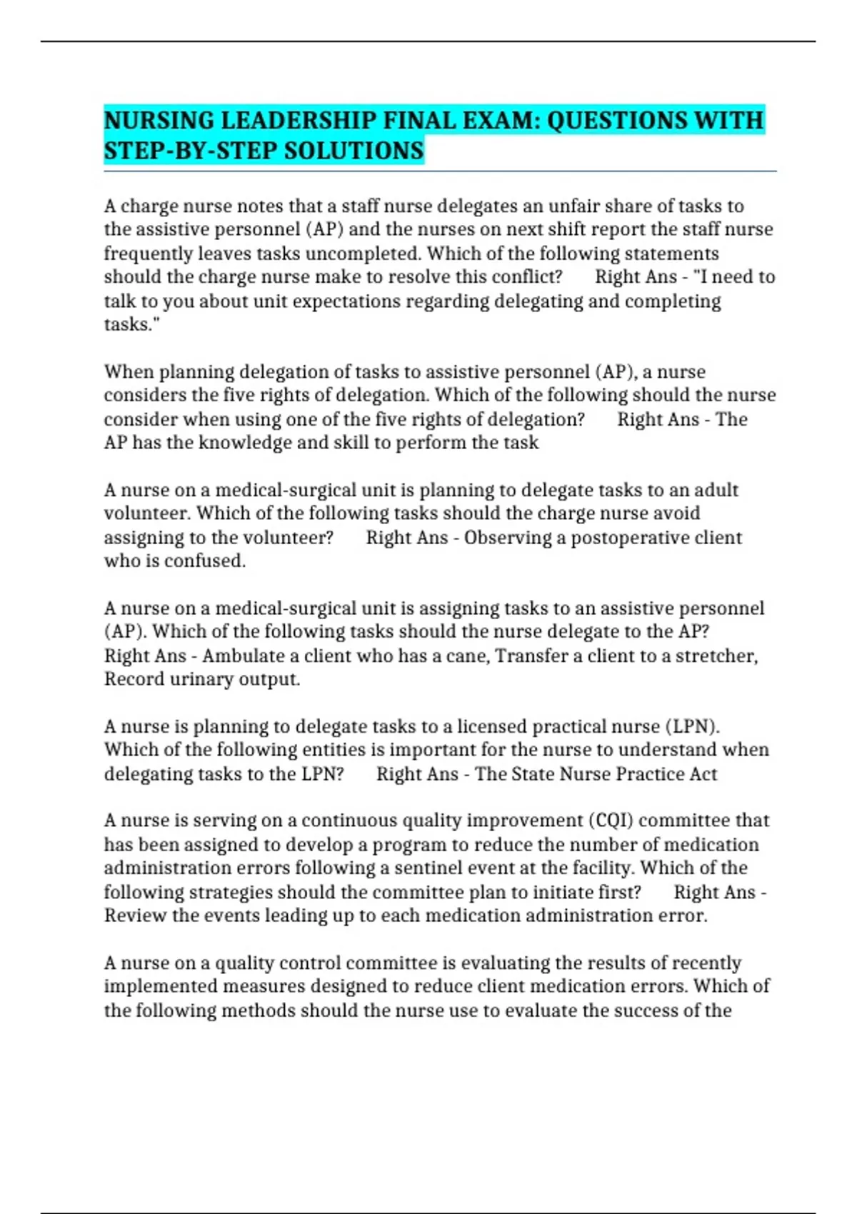 NURSING LEADERSHIP FINAL EXAM: QUESTIONS WITH STEP-BY-STEP SOLUTIONS ...