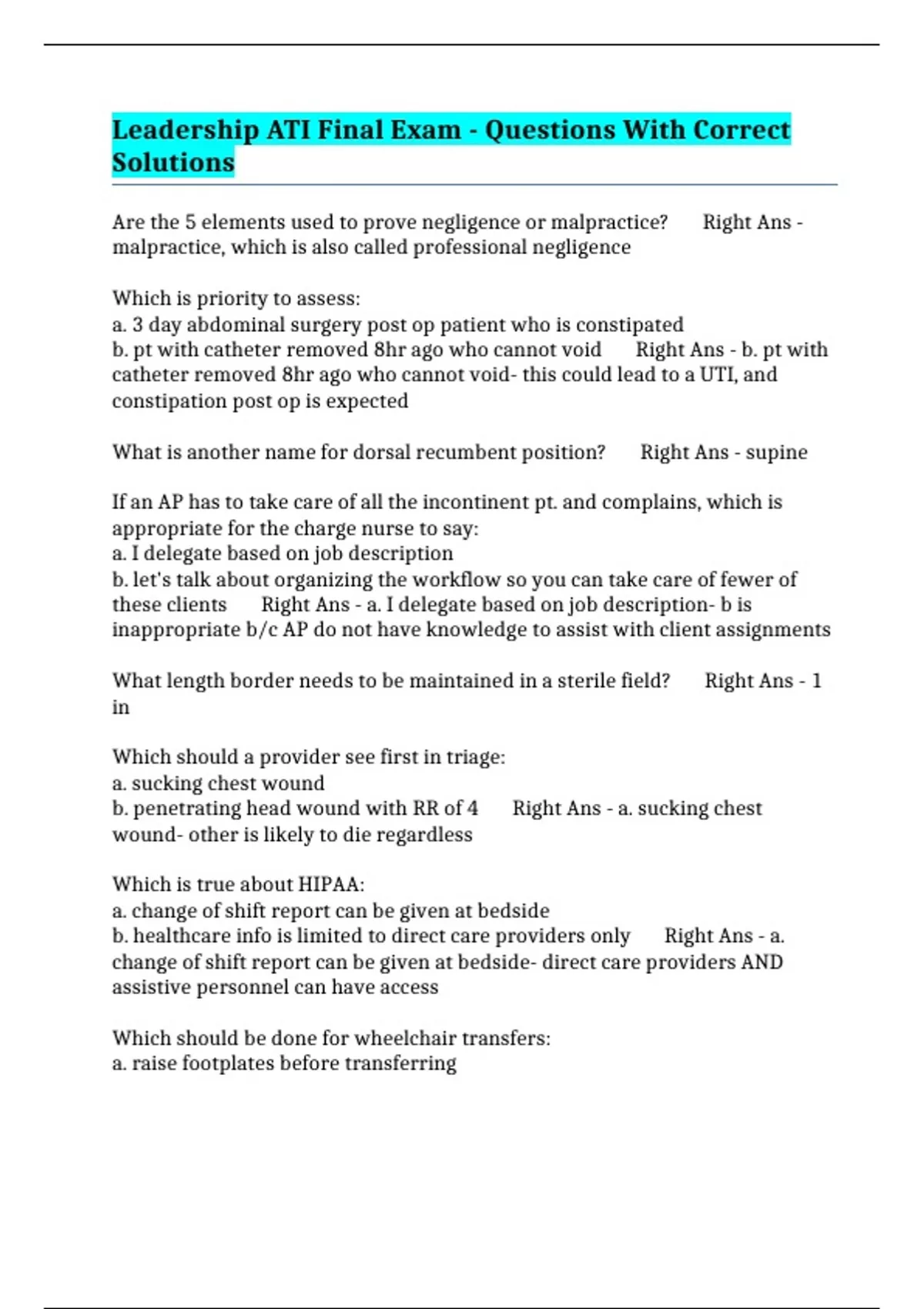 Leadership ATI Final Exam - Questions With Correct Solutions - NURSING ...