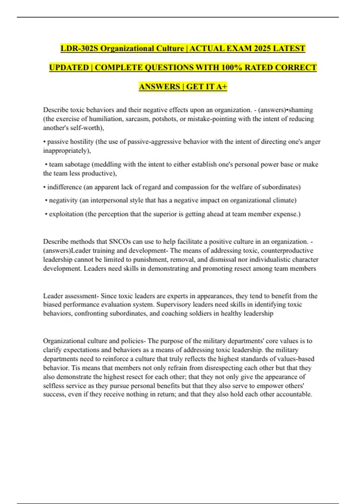 LDR-302S Organizational Culture | ACTUAL EXAM 2025 LATEST UPDATED ...