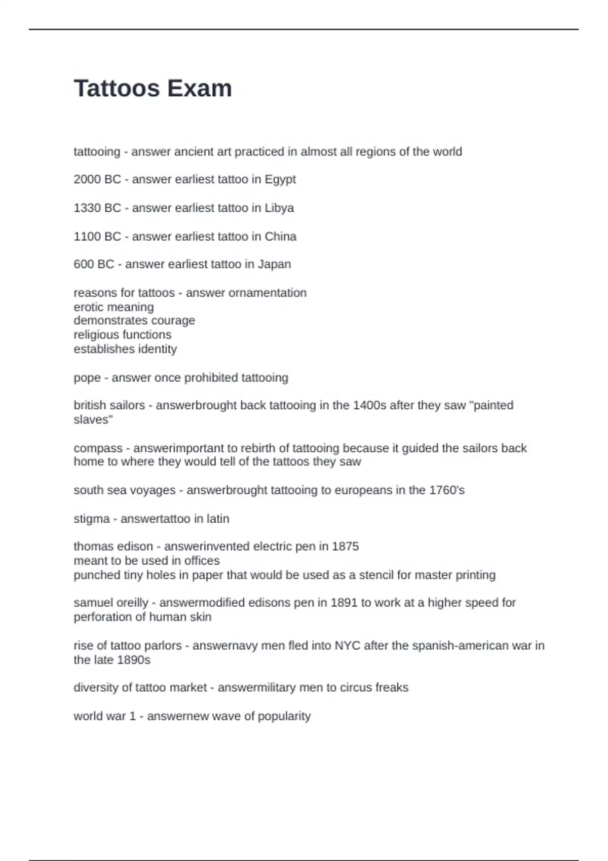 Tattoos Exam Questions and Answers Latest Updated - Tattoo - Stuvia US