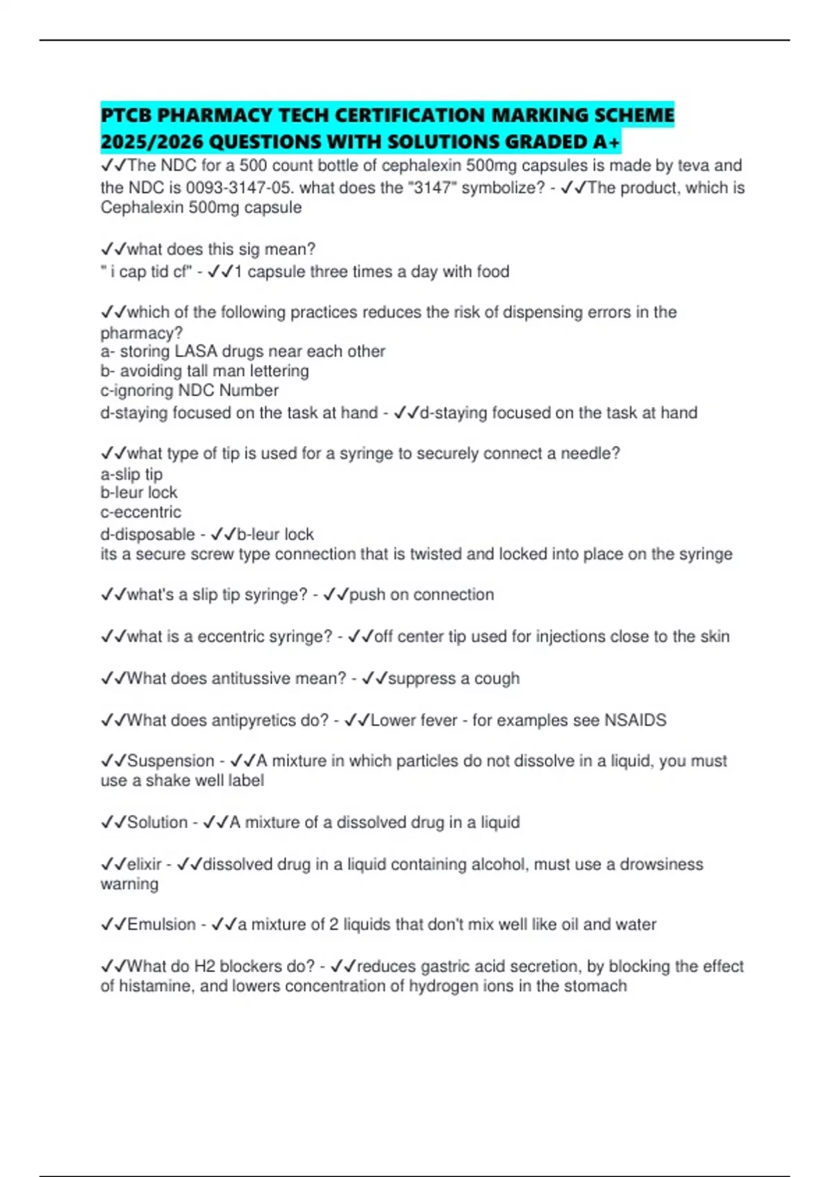 PTCB PHARMACY TECH CERTIFICATION MARKING SCHEME 2025/2026 QUESTIONS ...