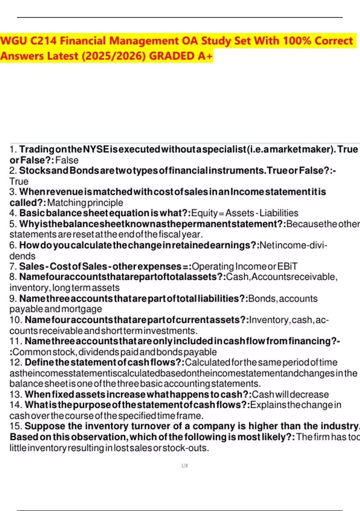 WGU C214 Financial Management OA Study Set With 100- Correct Answers ...