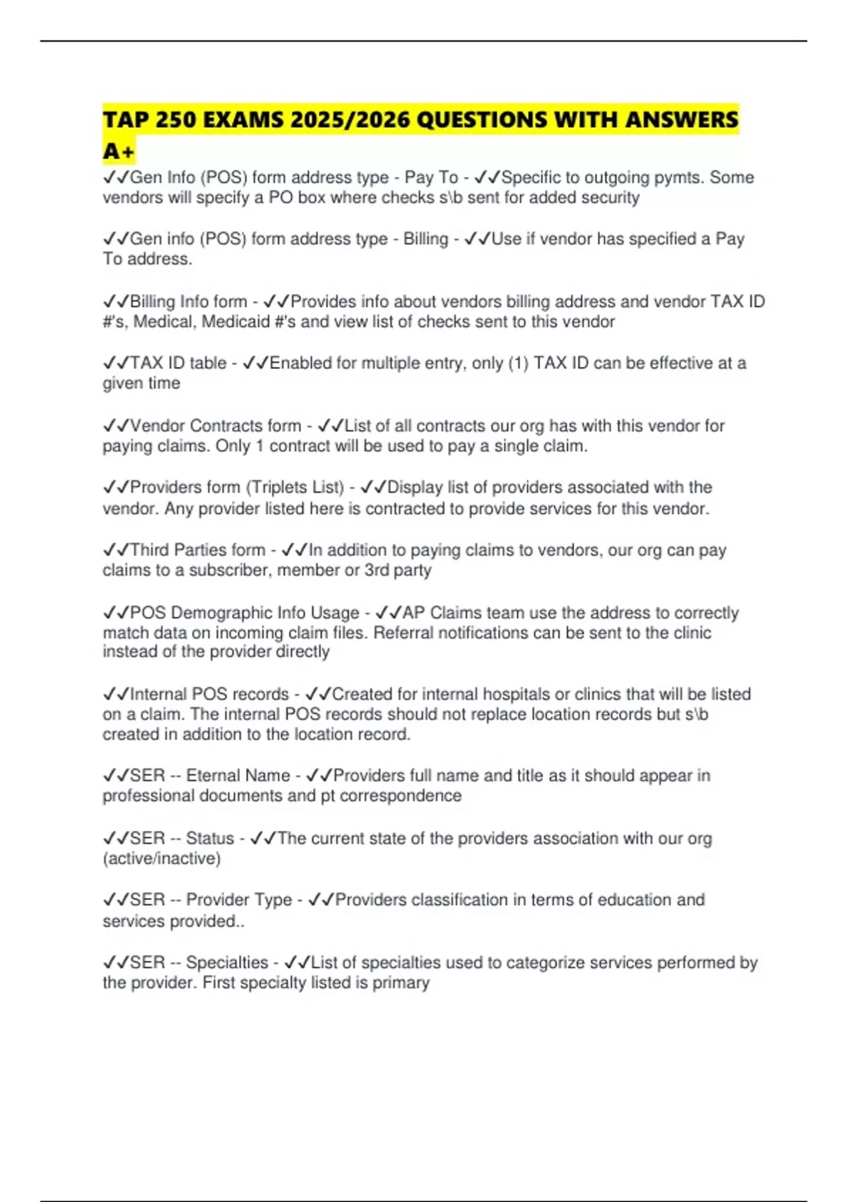 TAP 250 EXAMS 2025/2026 QUESTIONS WITH ANSWERS A+ - TAP 250 - Stuvia US