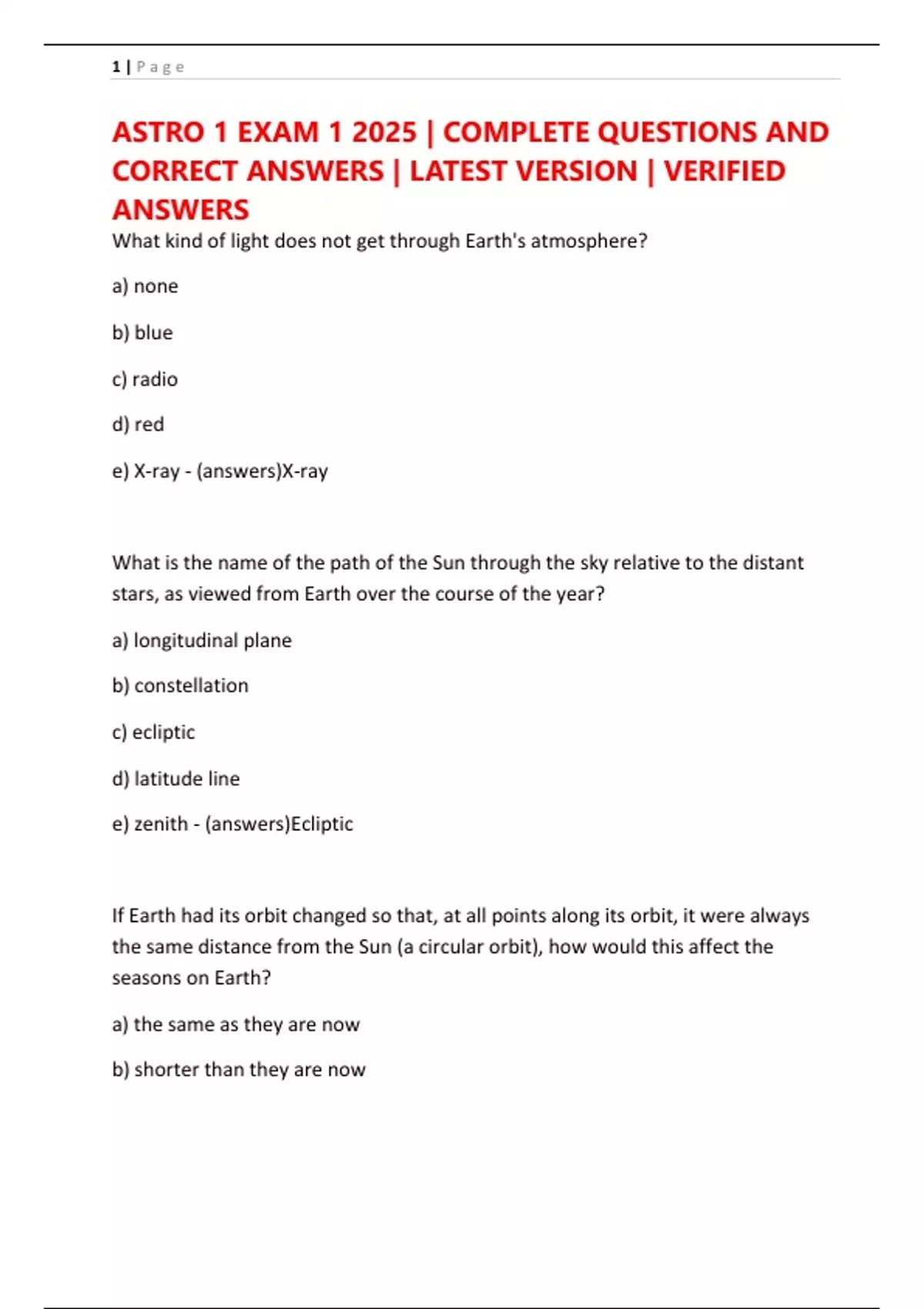 ASTRO 1 EXAM 1 2025 | COMPLETE QUESTIONS AND CORRECT ANSWERS | LATEST ...