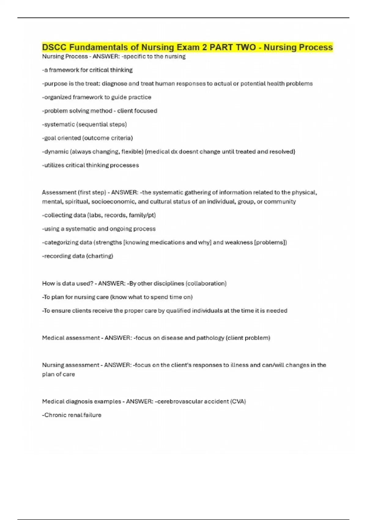 DSCC Fundamentals of Nursing Exam 2 PART TWO - Nursing Process - DSCC Fundamentals of Nursing ...