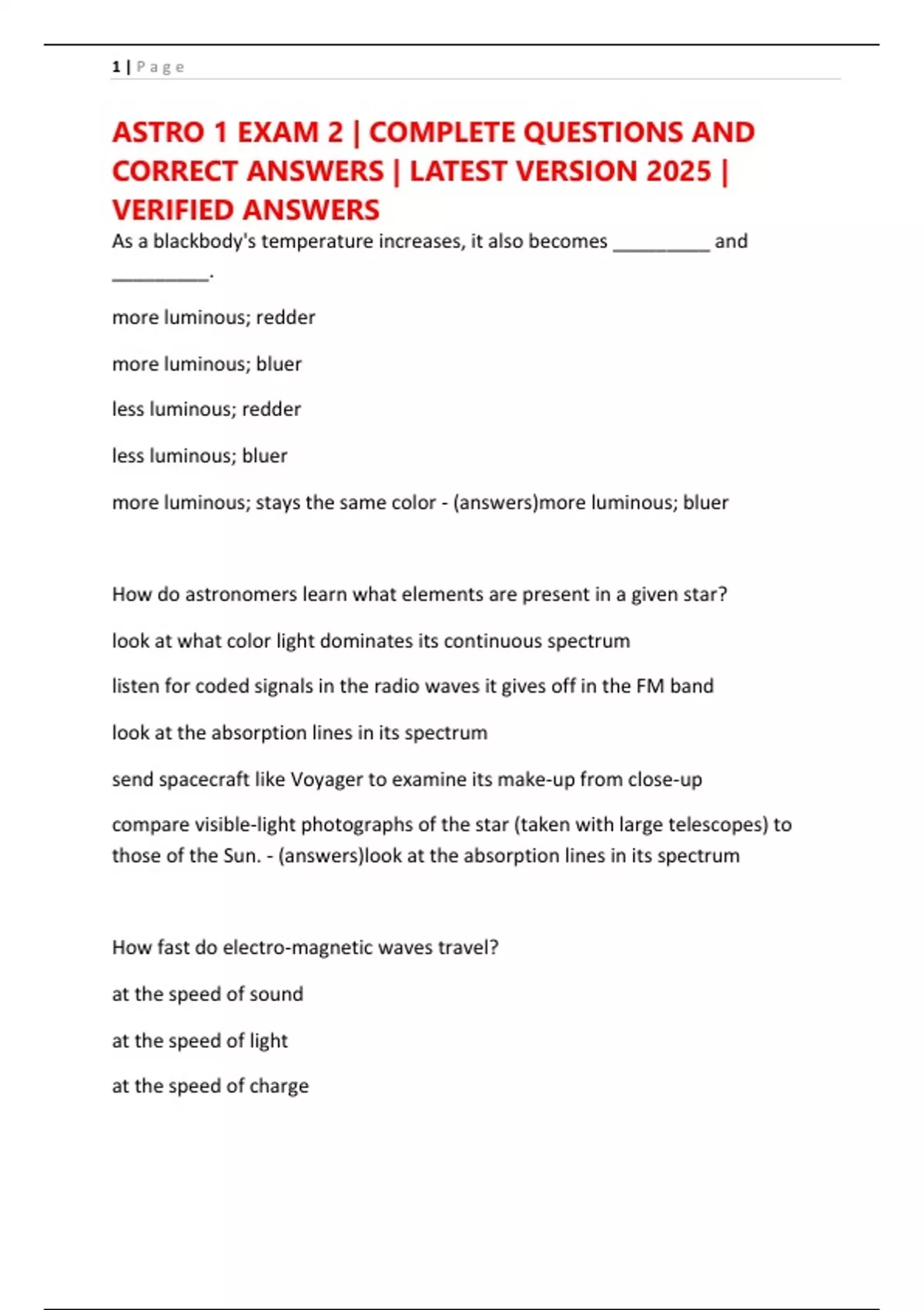 ASTRO 1 EXAM 2 | COMPLETE QUESTIONS AND CORRECT ANSWERS | LATEST ...