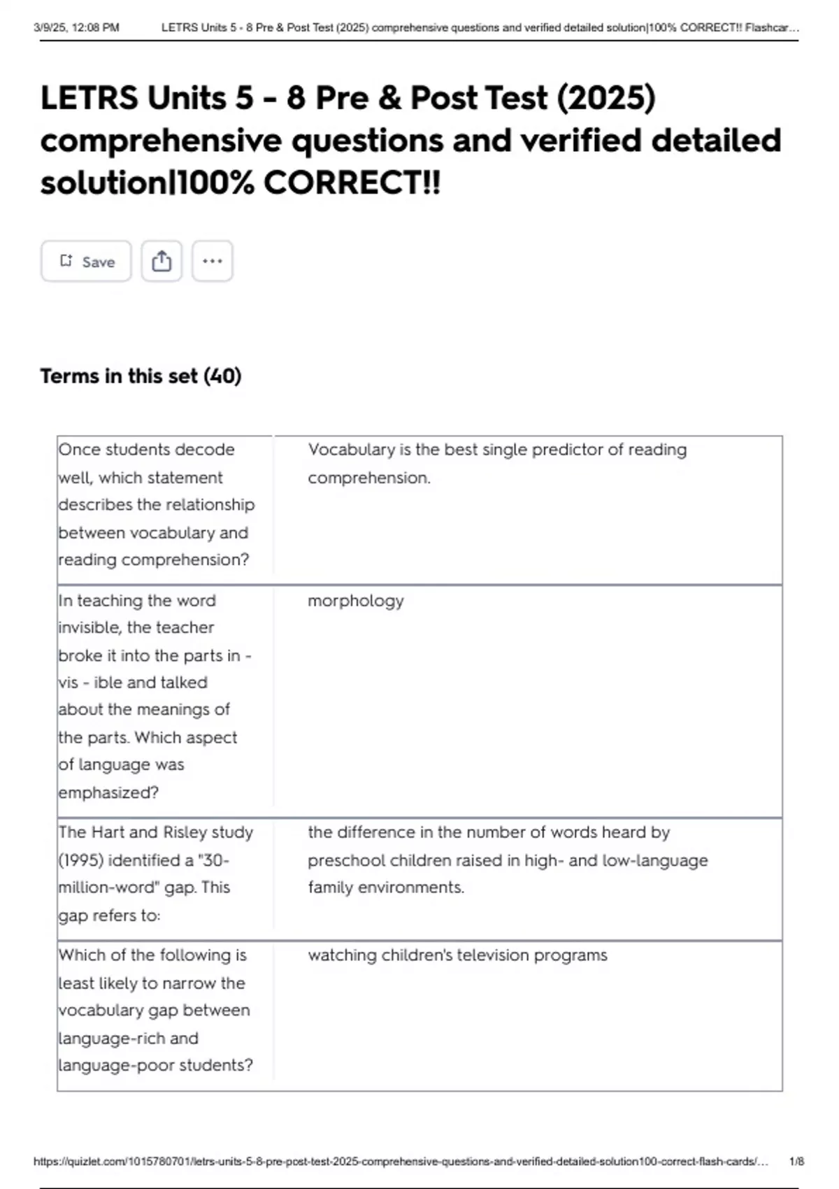 LETRS Units 5 - 8 Pre & Post Test (2025) comprehensive questions and ...