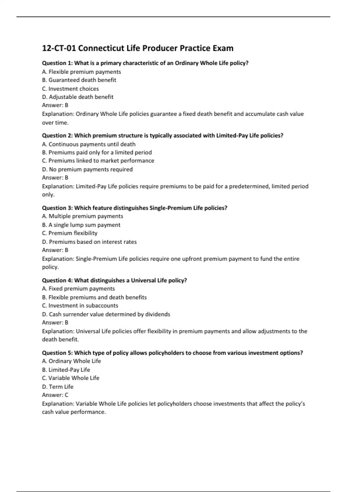 12-CT-01 Connecticut Life Producer Practice Exam - Computers - Stuvia US