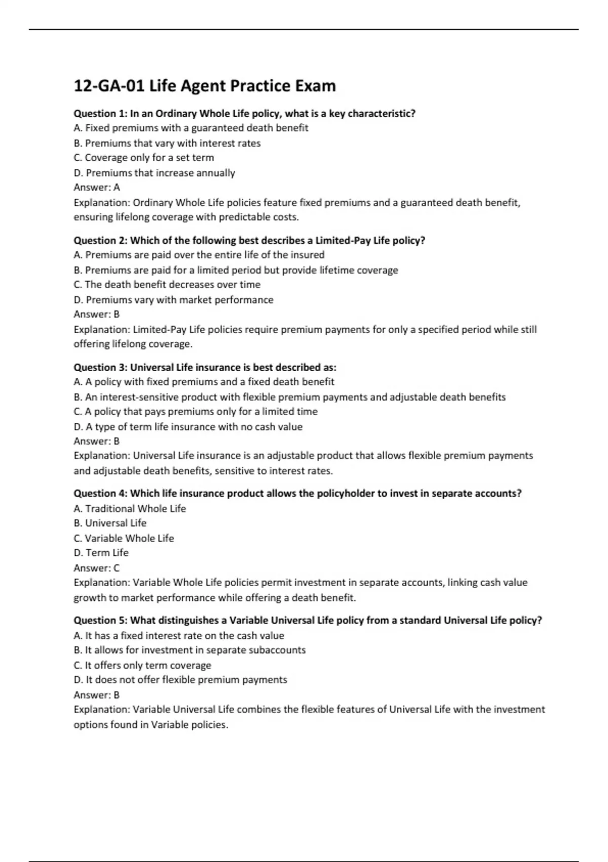 12-GA-01 Life Agent Practice Exam - Computers - Stuvia US