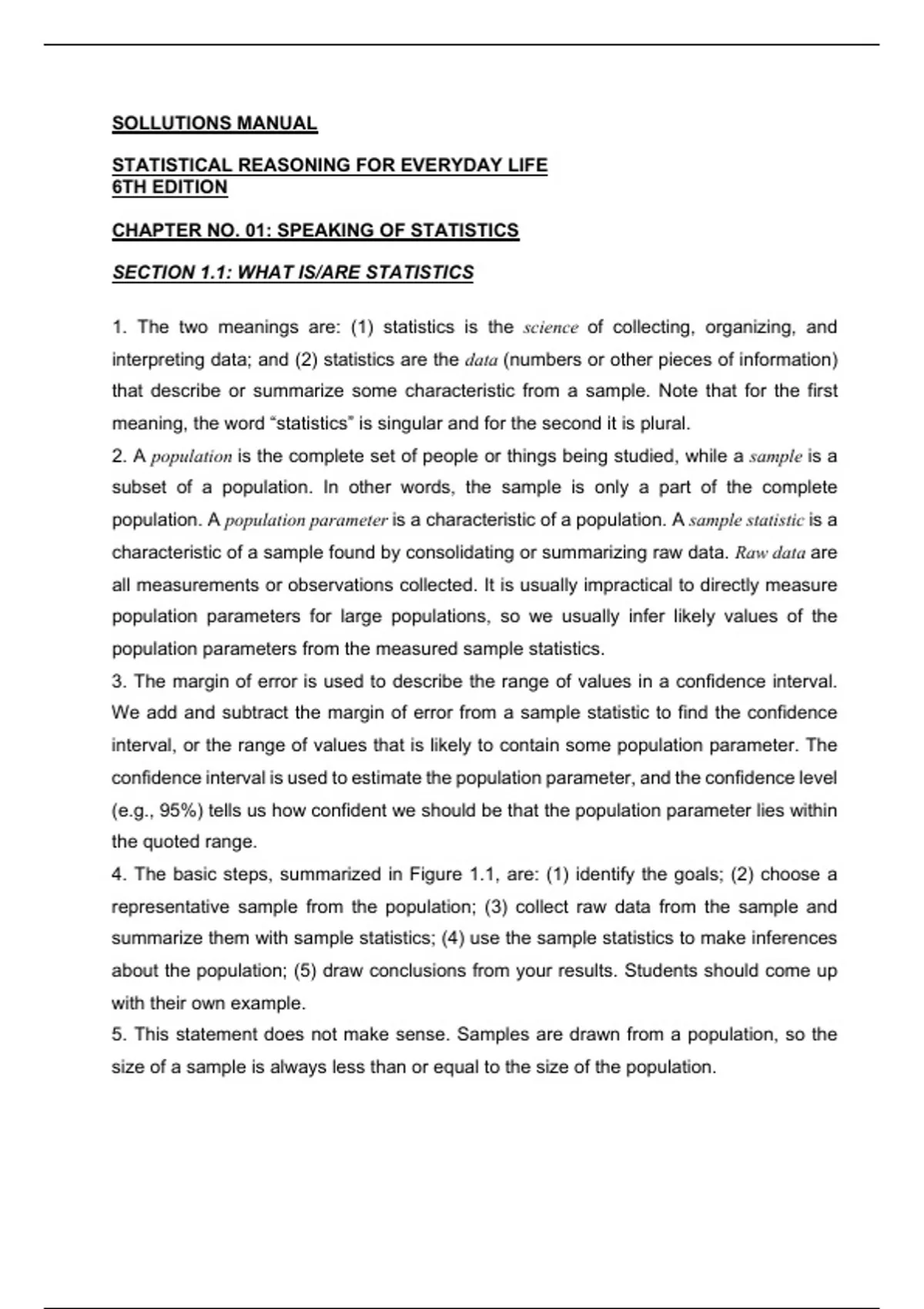 Solutions Manual for Statistical Reasoning for Everyday Life (6th ...