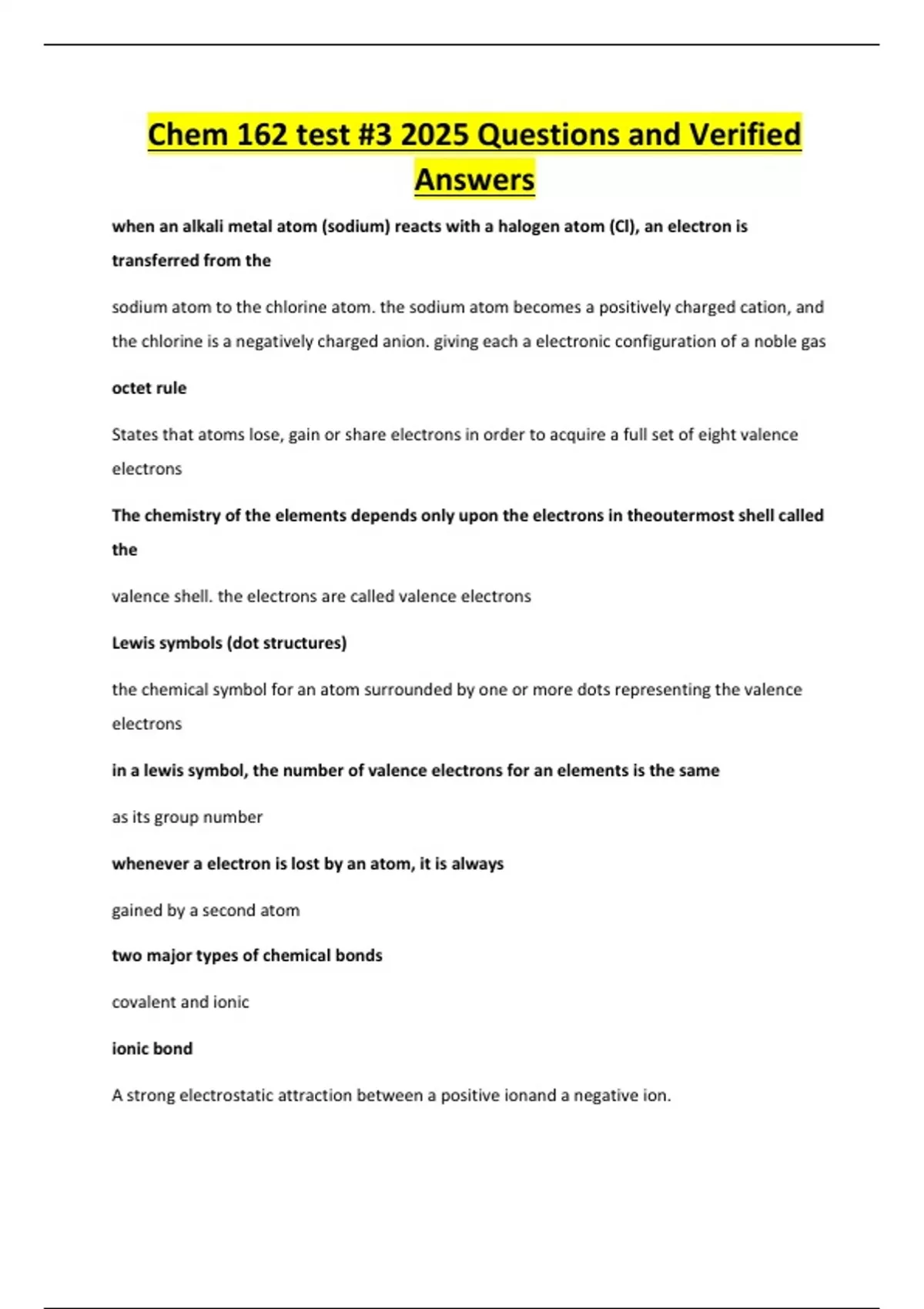 Chem 162 test #3 2025 Questions and Verified Answers - Chem 162 - Stuvia US