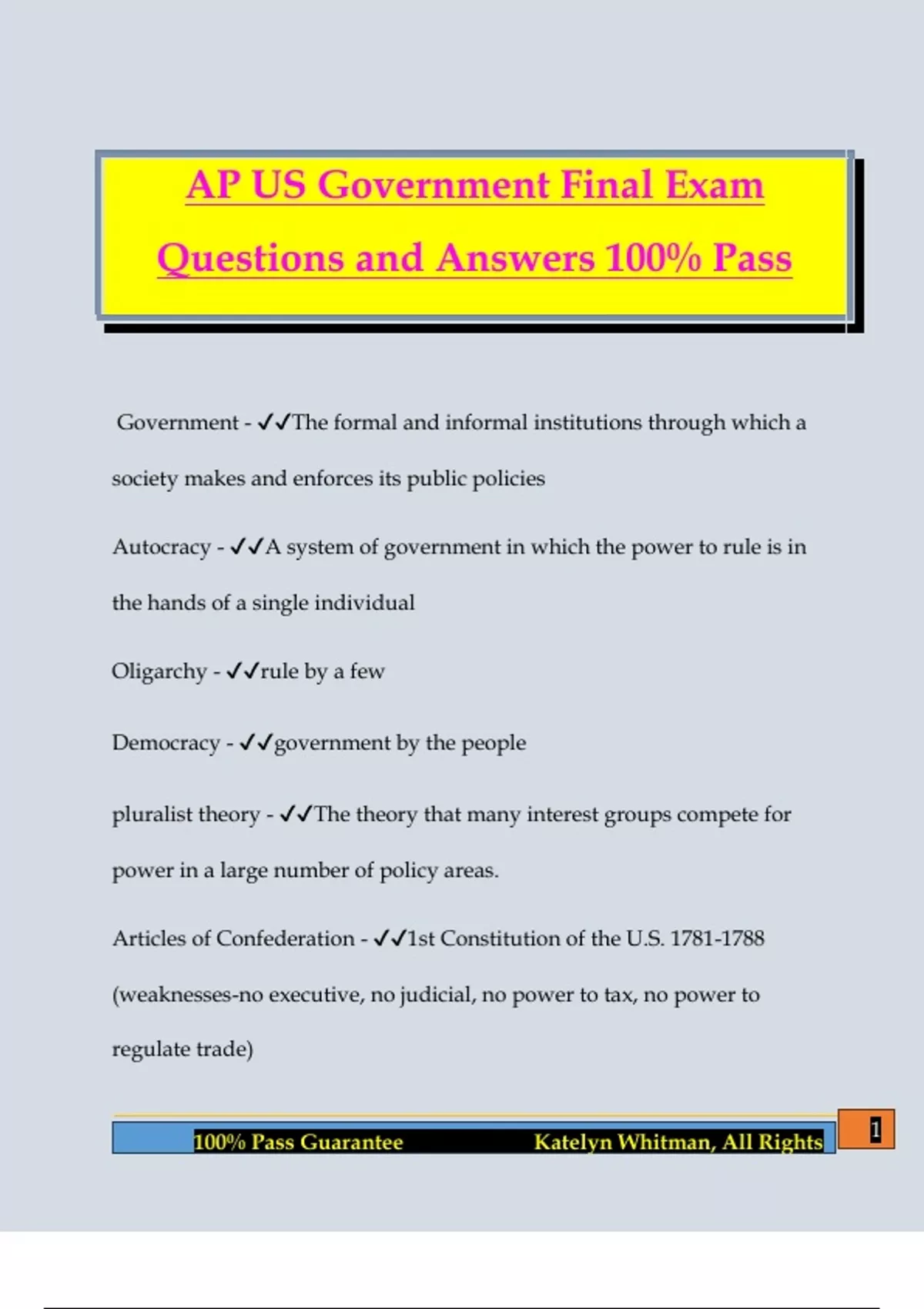 AP US Government Final Exam Questions and Answers 100% Pass - AP US ...