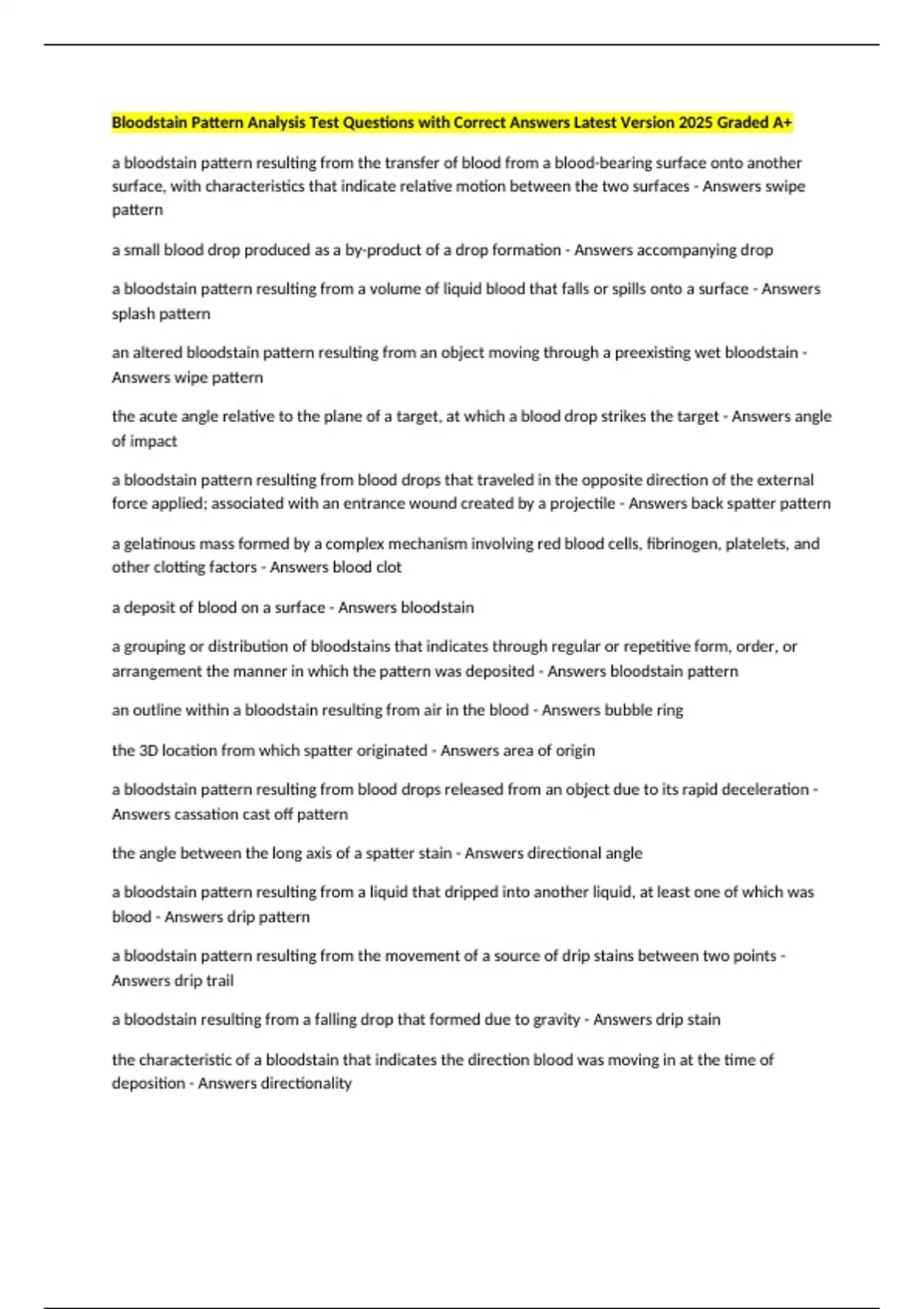 Bloodstain Pattern Analysis Test Questions with Correct Answers Latest ...
