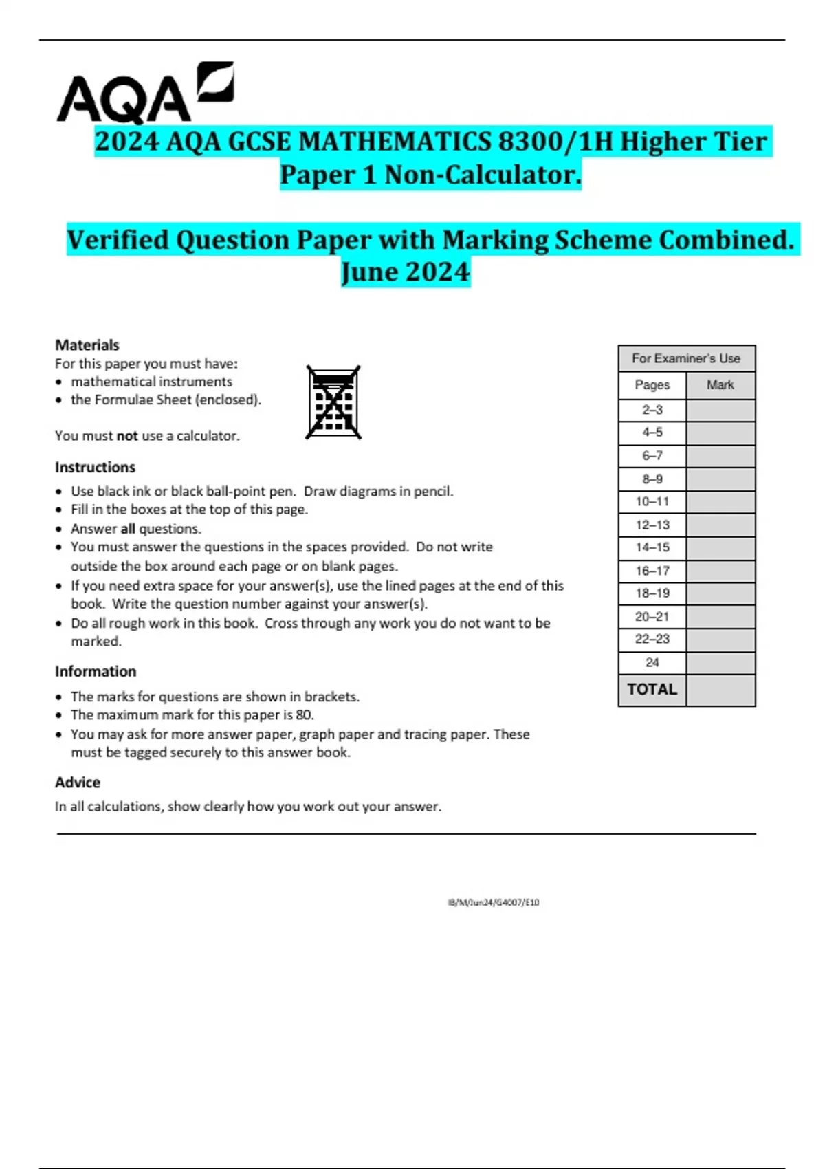2024 AQA GCSE MATHEMATICS 8300/1H Higher Tier Paper 1 Non-Calculator ...