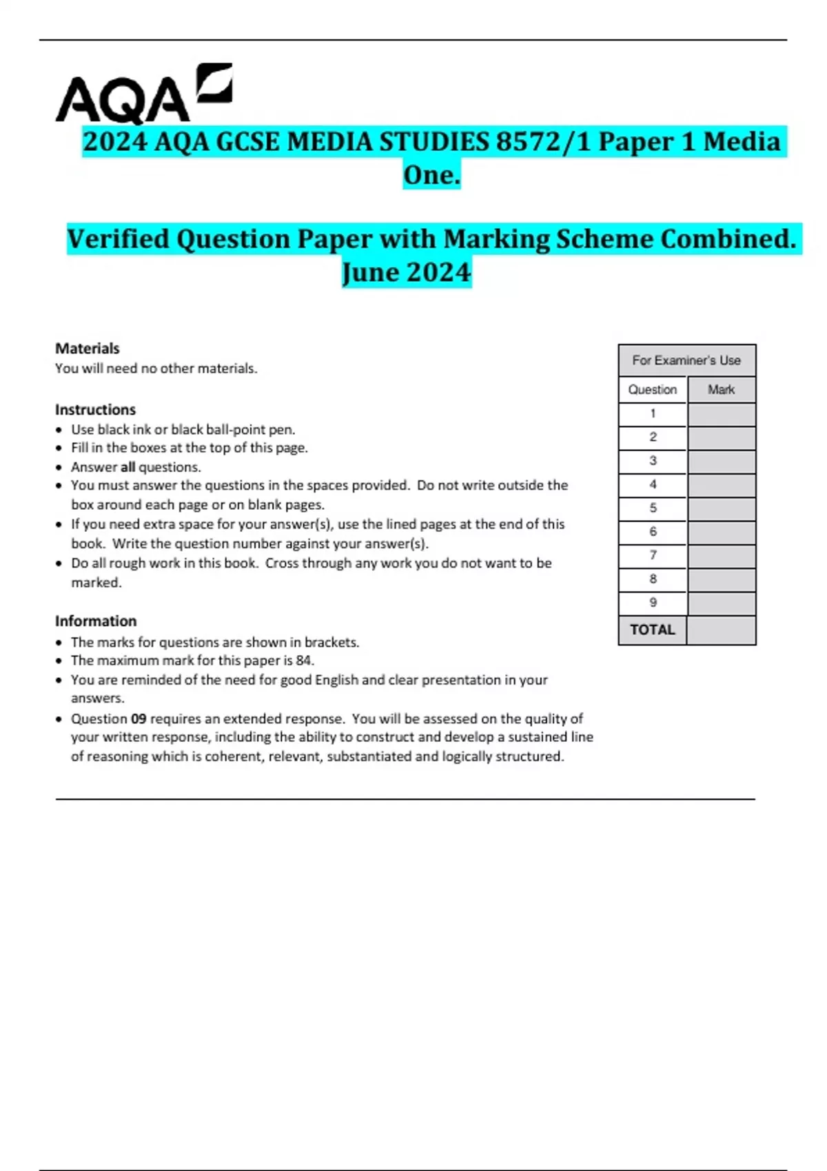 2024 AQA GCSE MEDIA STUDIES 8572/1 Paper 1 Media One. Verified Question ...