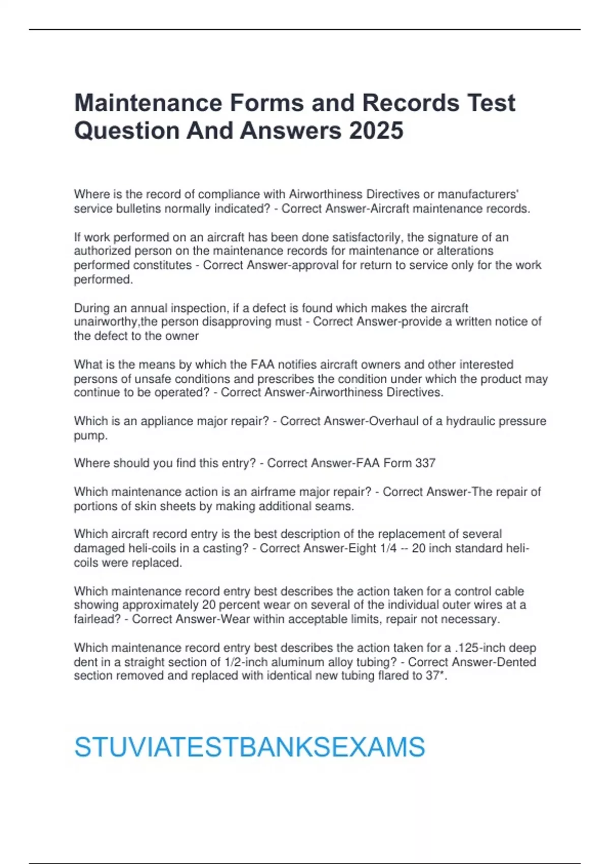 Forms and Records Test Question And Answers 2025 - Maintenance - Stuvia US