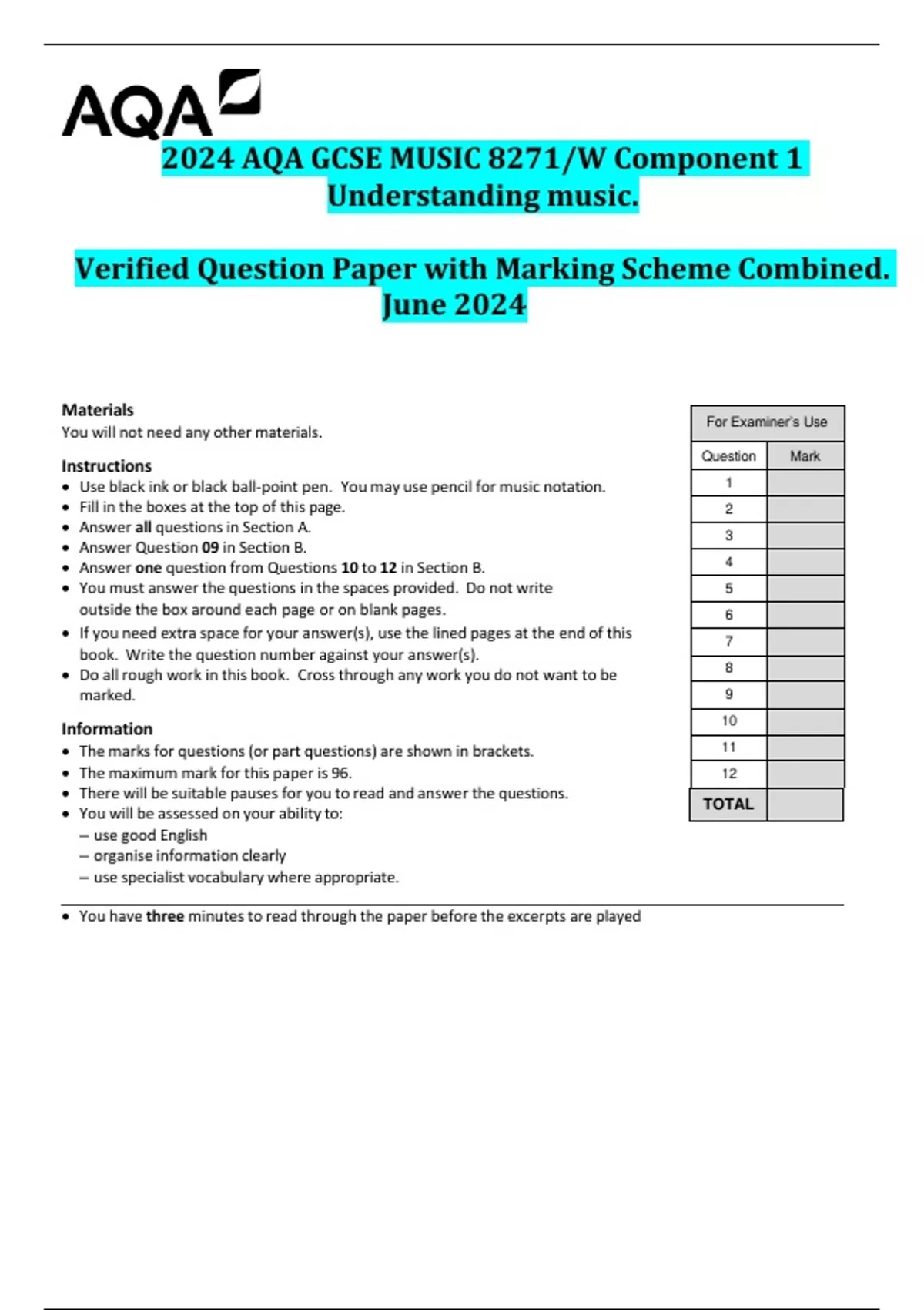 2024 AQA GCSE MUSIC 8271/W Component 1 Understanding music. Verified ...