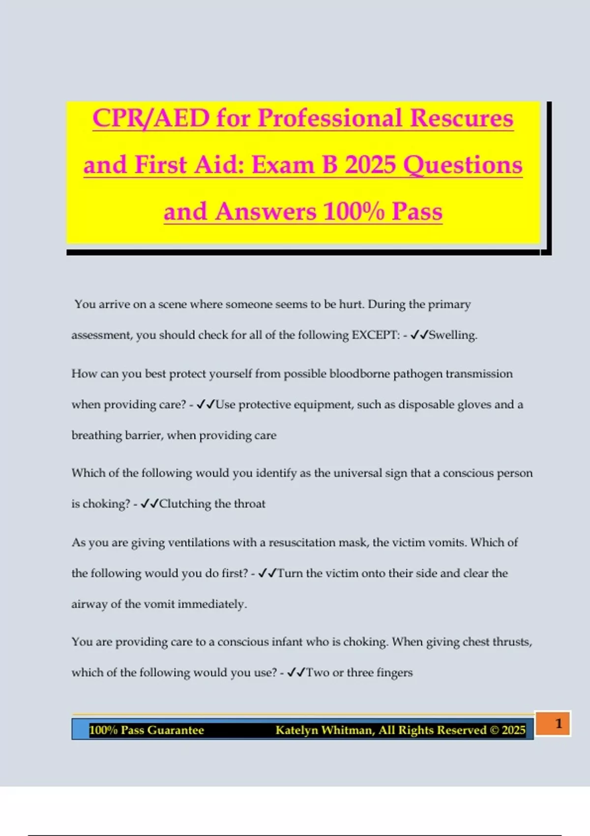 CPR/AED for Professional Rescures and First Aid: Exam B 2025 Questions and Answers 100% Pass ...