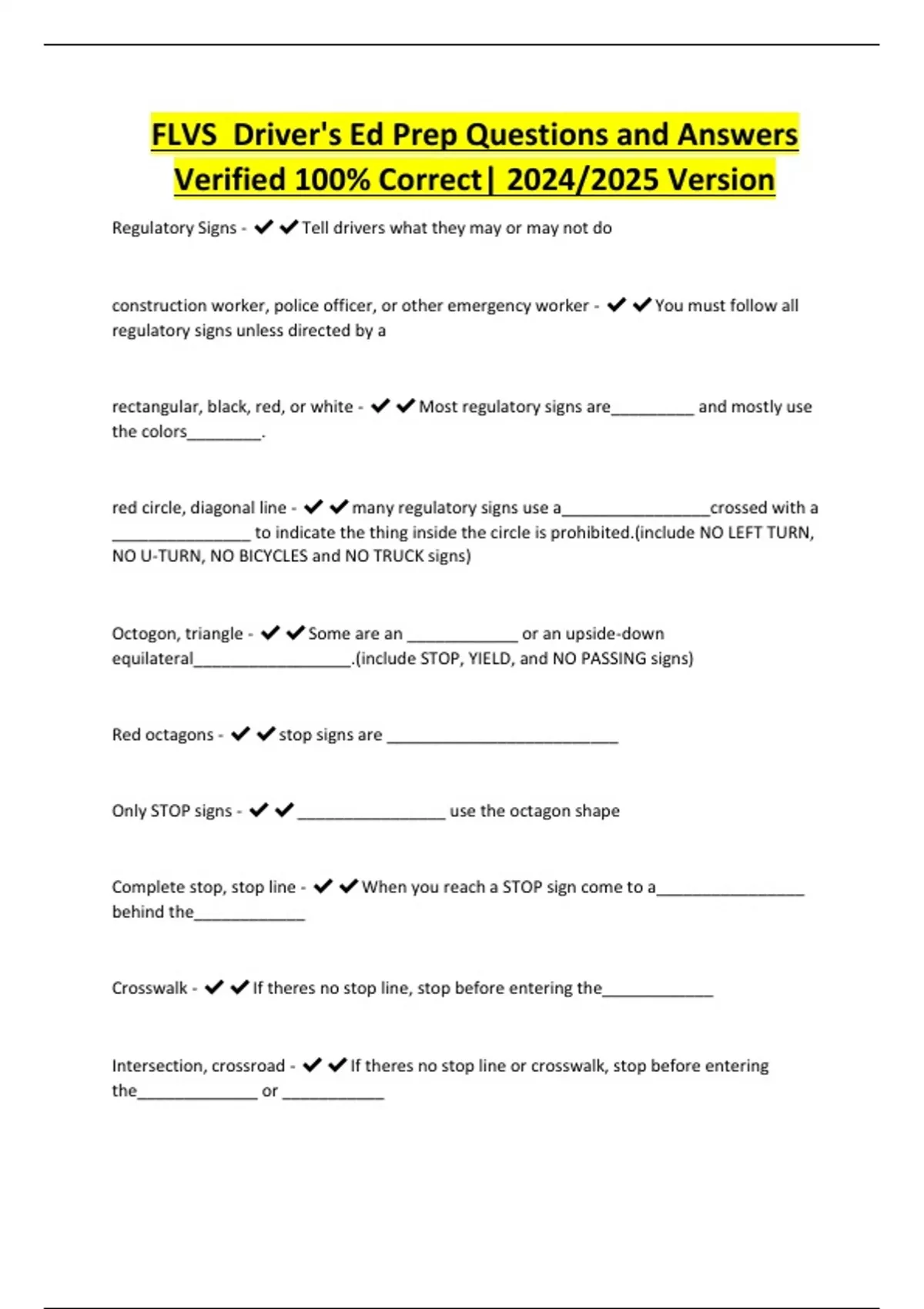FLVS Driver's Ed Prep Questions and Answers Verified 100% Correct| 2024 ...