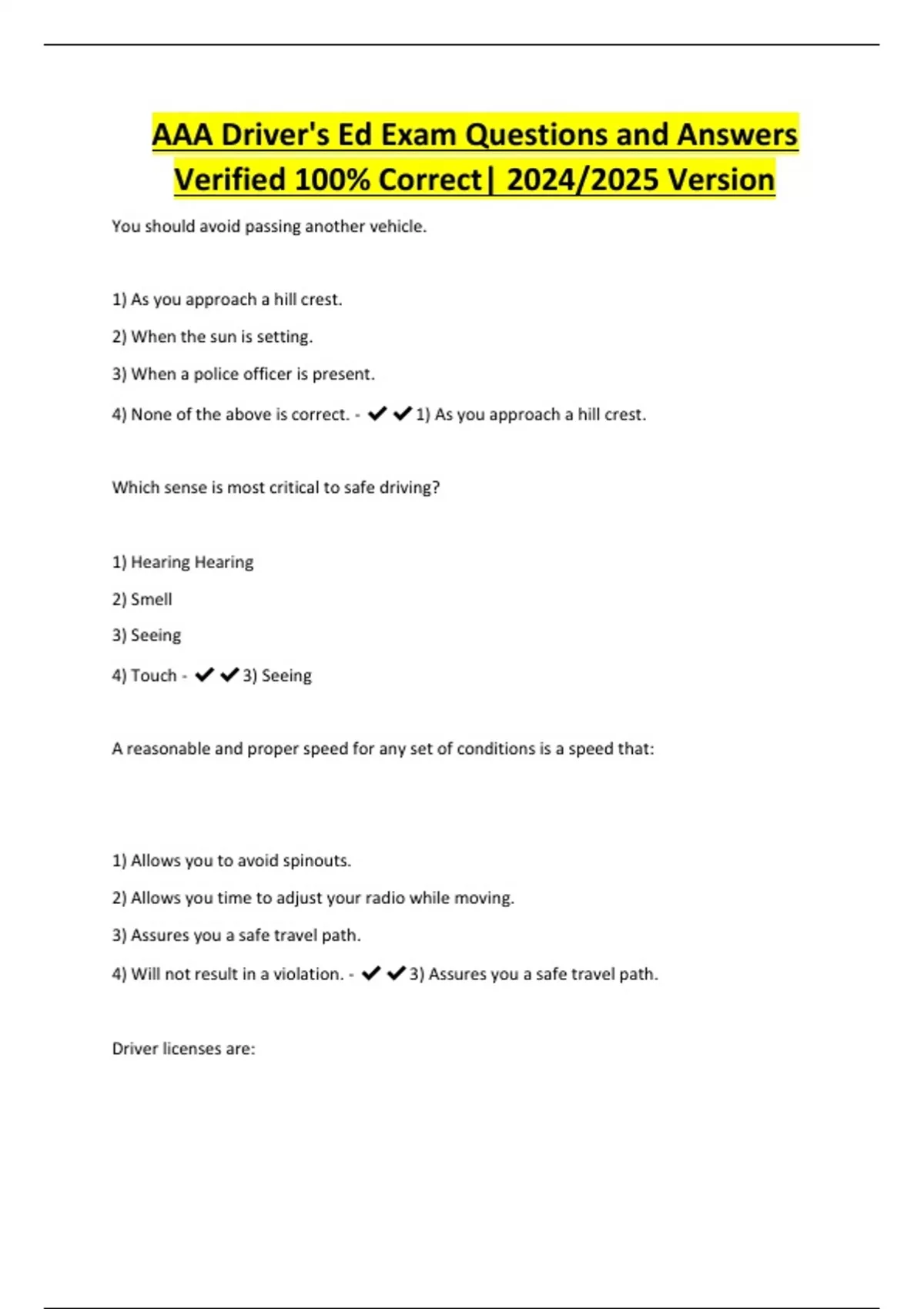 AAA Driver's Ed Exam Questions and Answers Verified 100% Correct| 2024/ ...