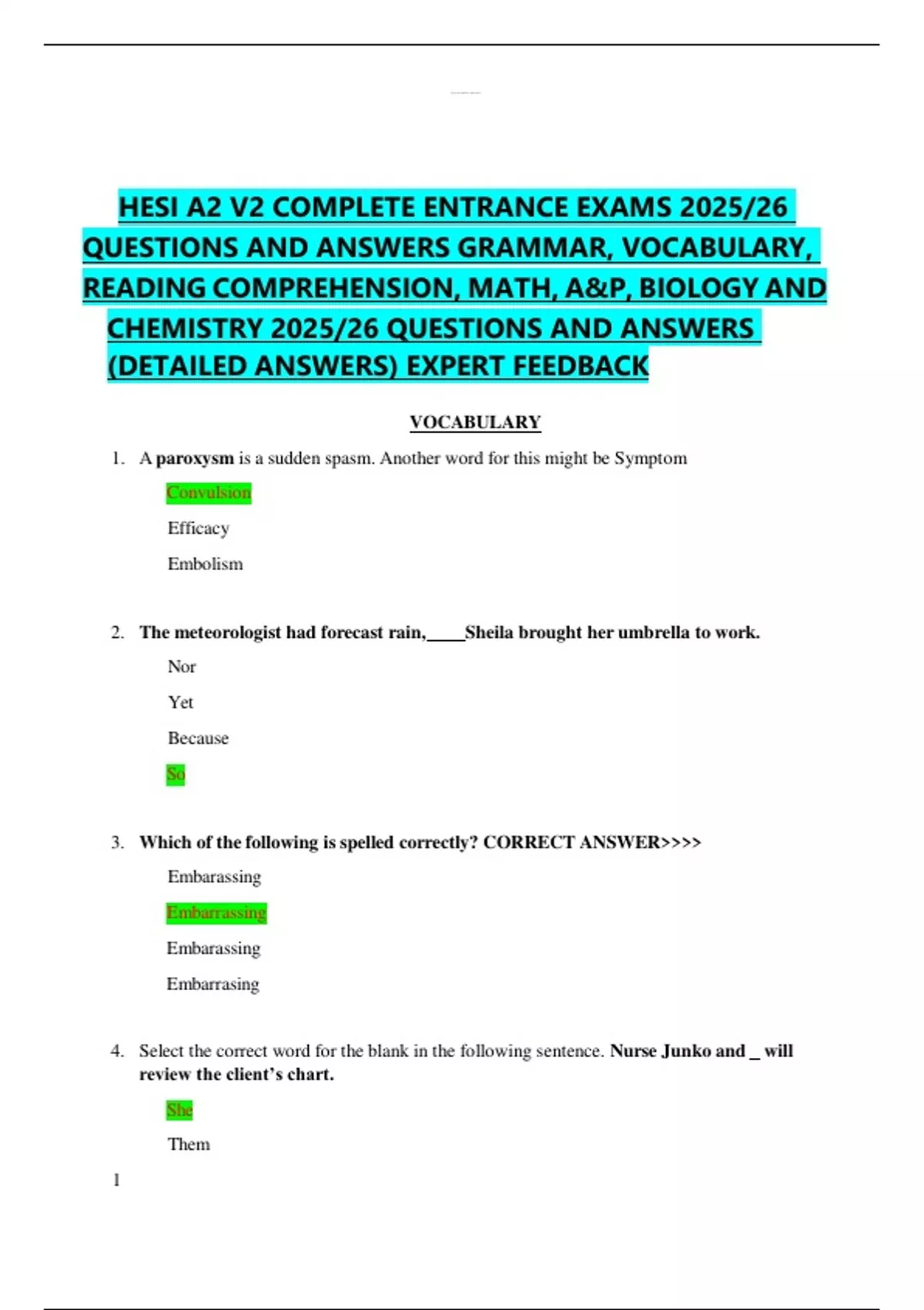 HESI A2 V2 COMPLETE ENTRANCE EXAMS 2025/26 QUESTIONS AND ANSWERS ...