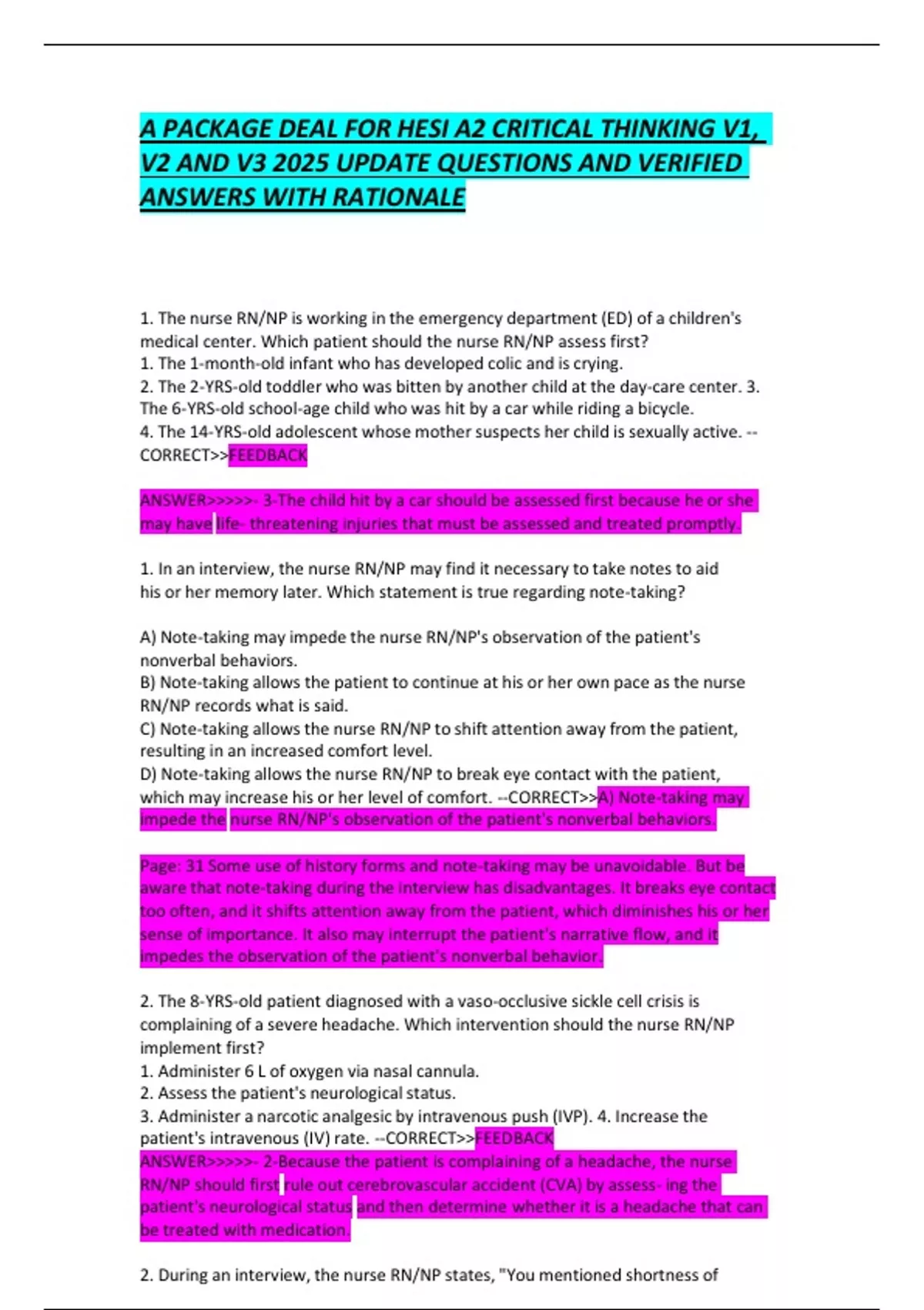 A PACKAGE DEAL FOR HESI A2 CRITICAL THINKING V1, V2 AND V3 2025 UPDATE ...