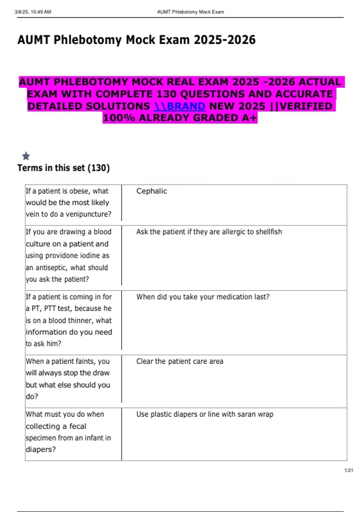 AUMT PHLEBOTOMY MOCK REAL EXAM ACTUAL EXAM WITH COMPLETE 130 QUESTIONS ...