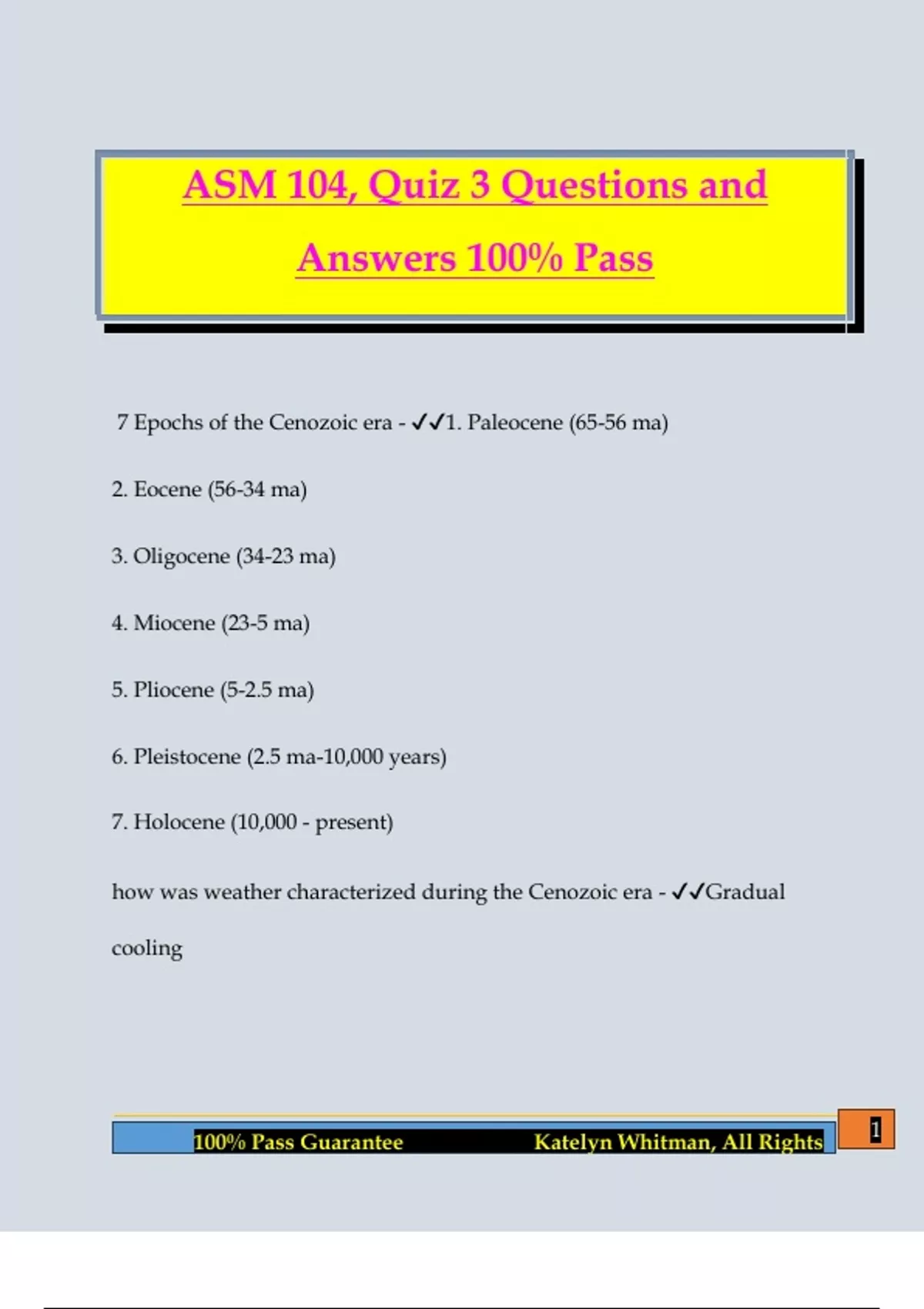 ASM 104, Quiz 3 Questions and Answers 100% Pass - ASM 104 - Stuvia US