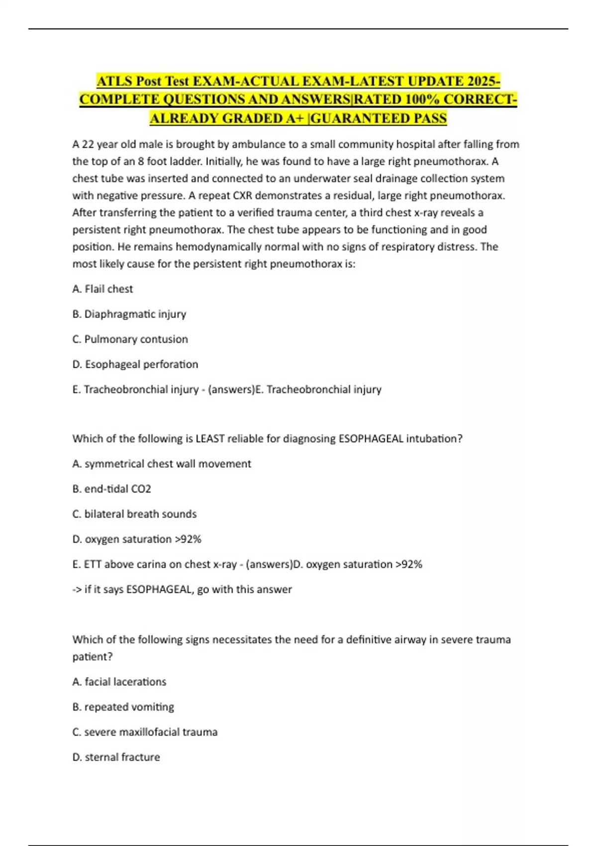 ATLS Post Test EXAM-ACTUAL EXAM-LATEST UPDATE 2025-COMPLETE QUESTIONS ...