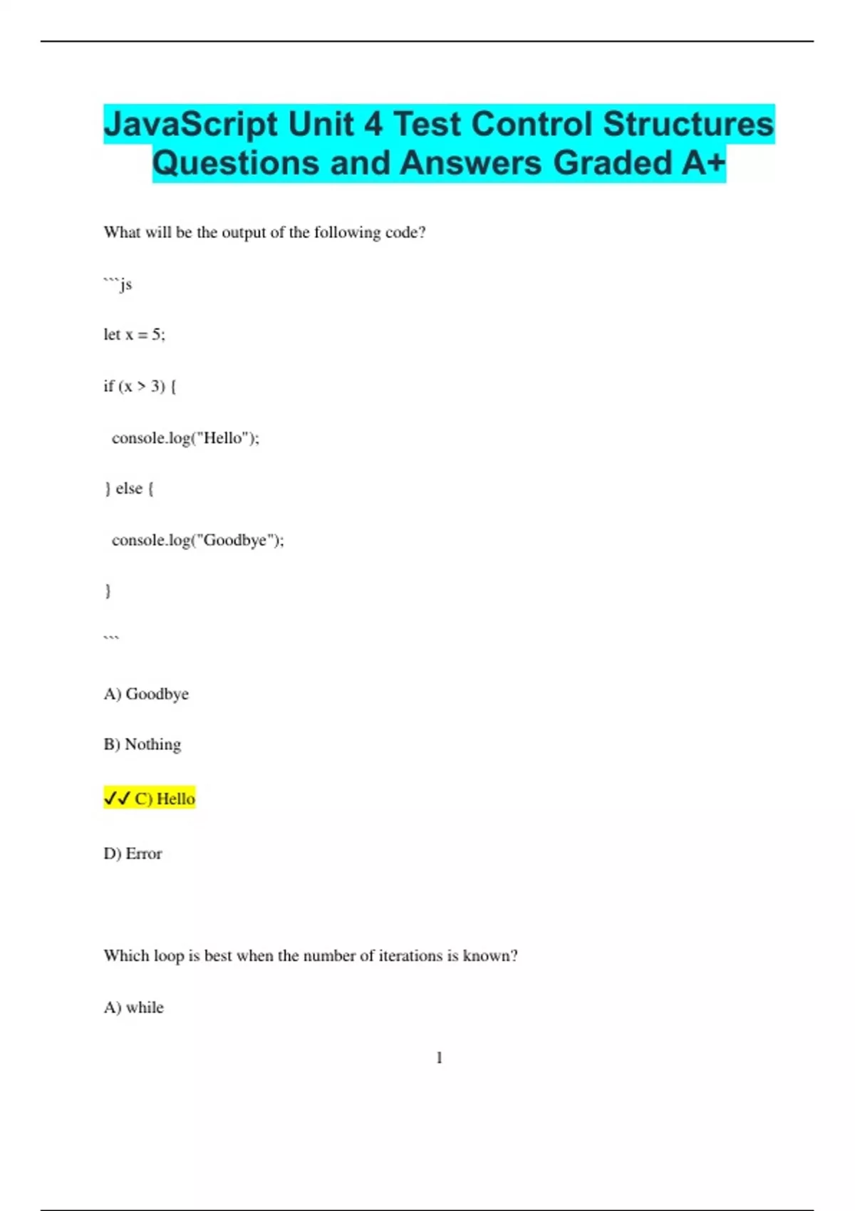 JavaScript Unit 4 Test Control Structures Questions and Answers Graded ...