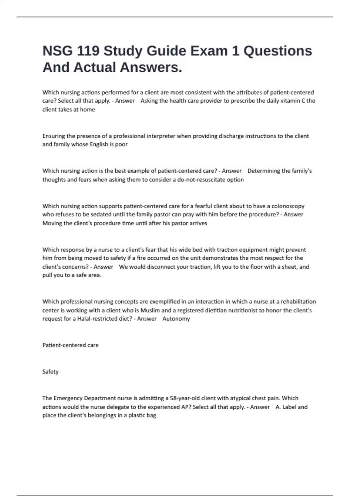 NSG 119 Study Guide Exam 1 Questions And Actual Answers. - NURS 119 ...