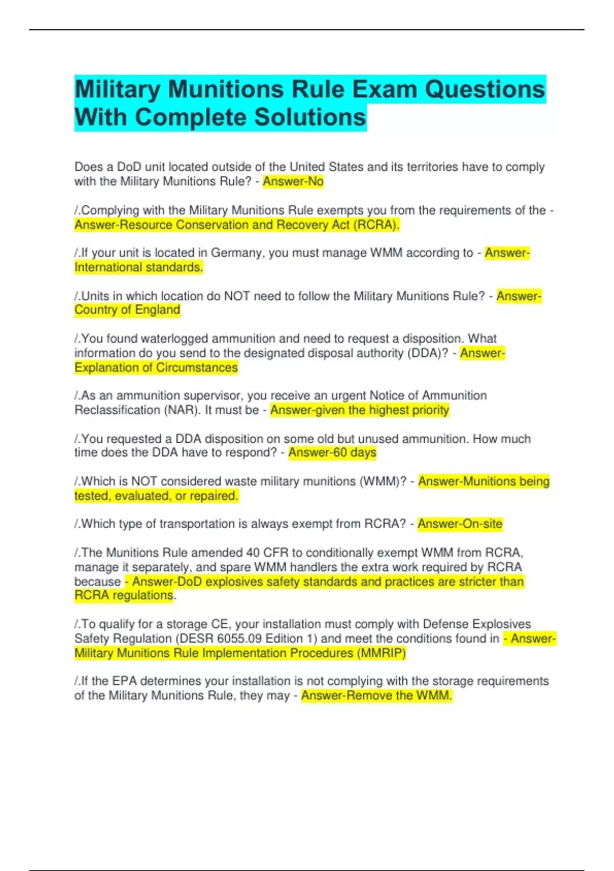 Military Munitions Rule Exam Questions With Complete Solutions ...